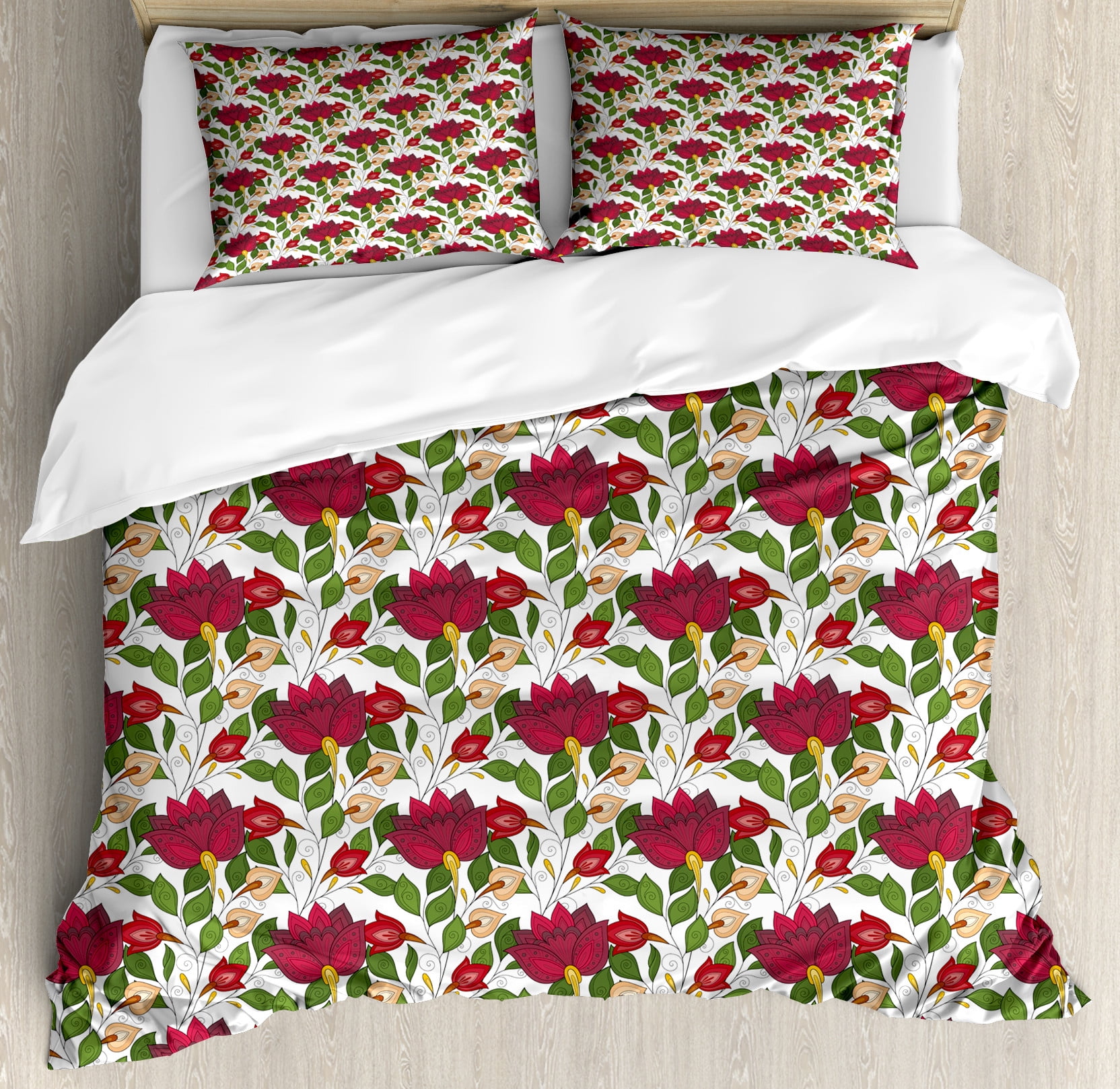 Floral Duvet Cover Set, Abstract Leafy Petals Branches Garden Scenes ...
