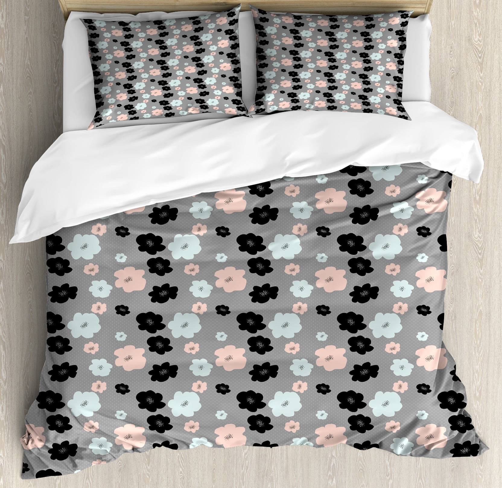 Floral Duvet Cover Set, Abstract Peony Blossoms on Retro Classic Polka ...
