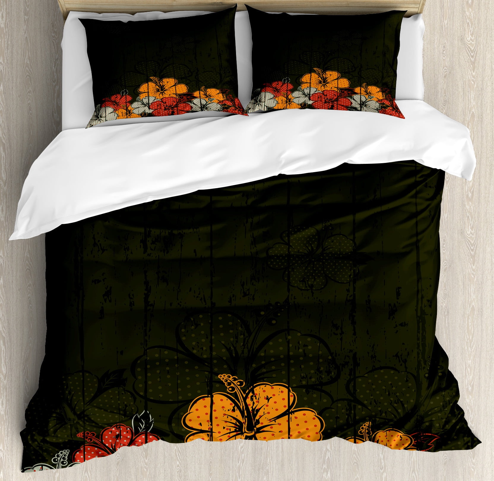 Floral Duvet Cover Set, Abstract Wooden Backdrop with Hawaiian Romantic ...