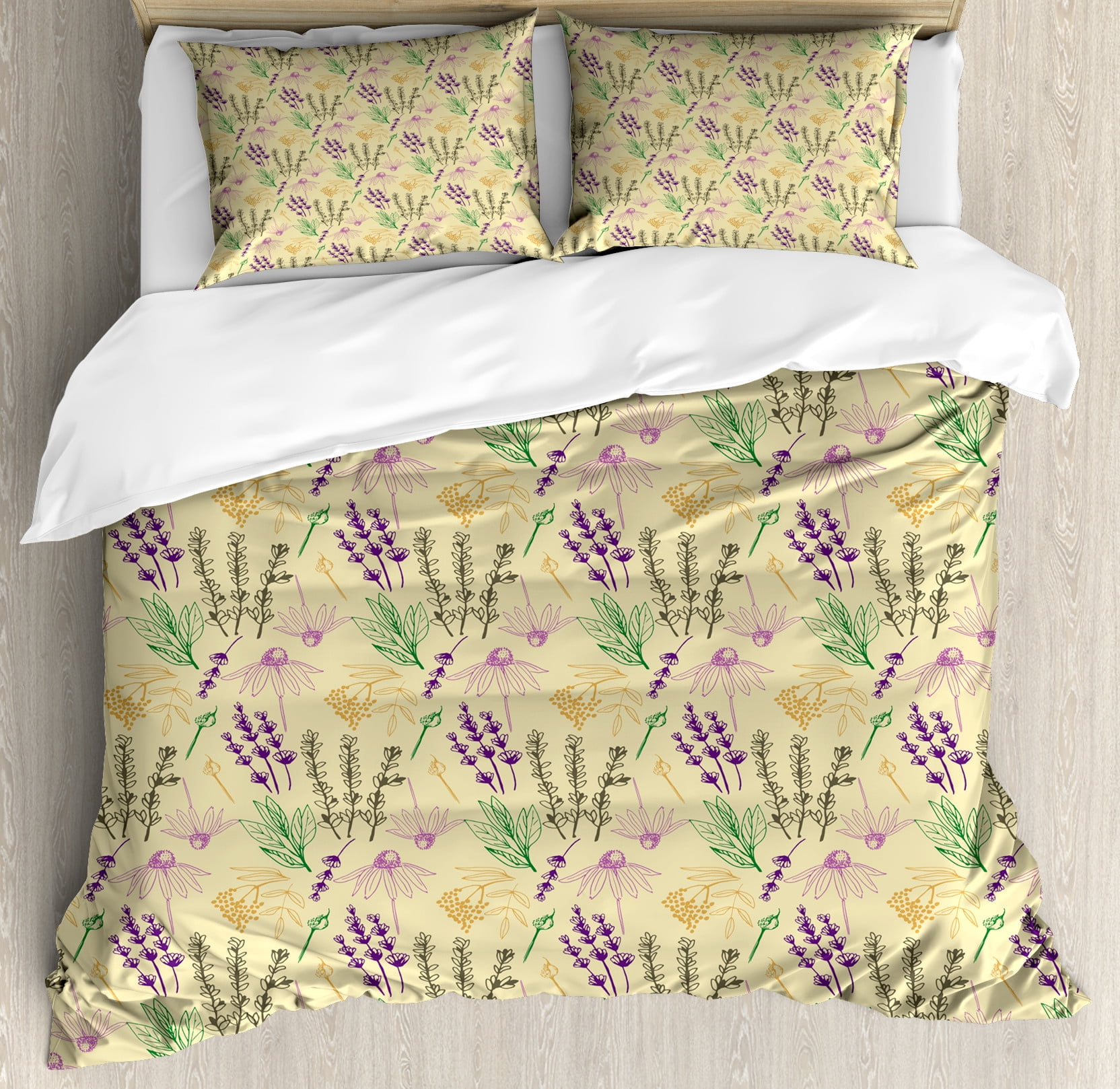 Floral Duvet Cover Set, Aster Blossoms Herbs Medicinal Plants Botanical ...