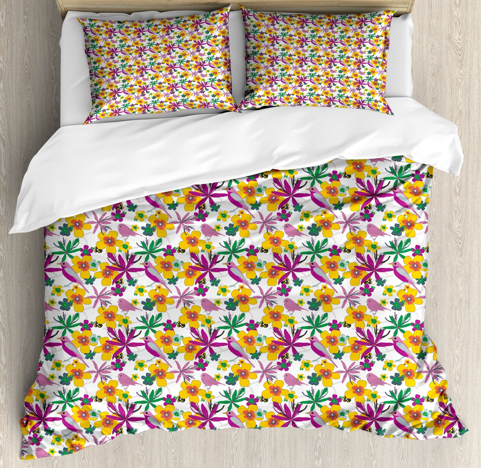 Floral Duvet Cover Set, Birds Pointed Flowers Long Leaves Illustration ...