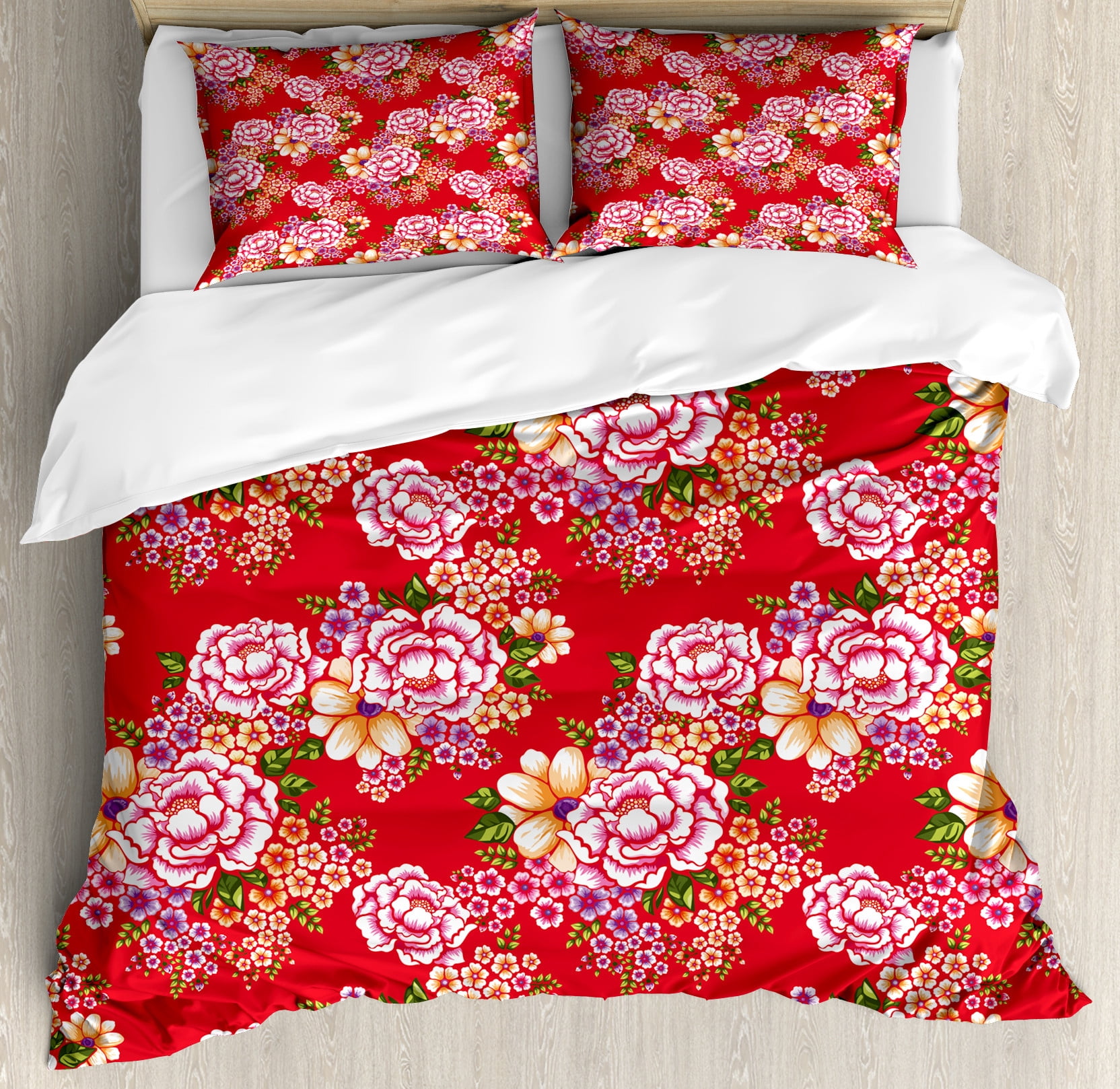 Floral Duvet Cover Set, Blooming Flower Bouquets Rose and Peony Buds ...