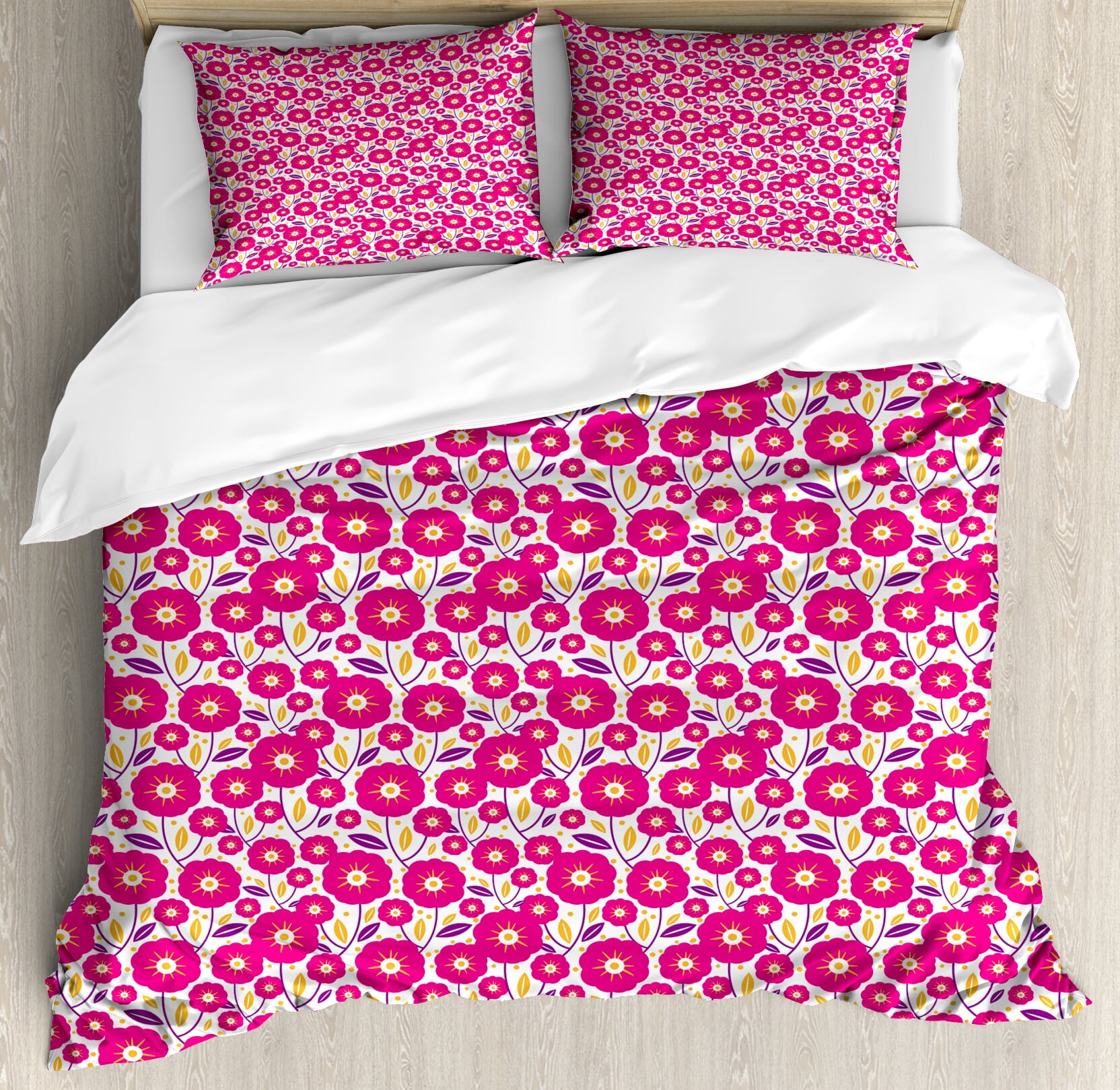 Floral Duvet Cover Set, Blooming Graphical Flowers and Leaves with ...