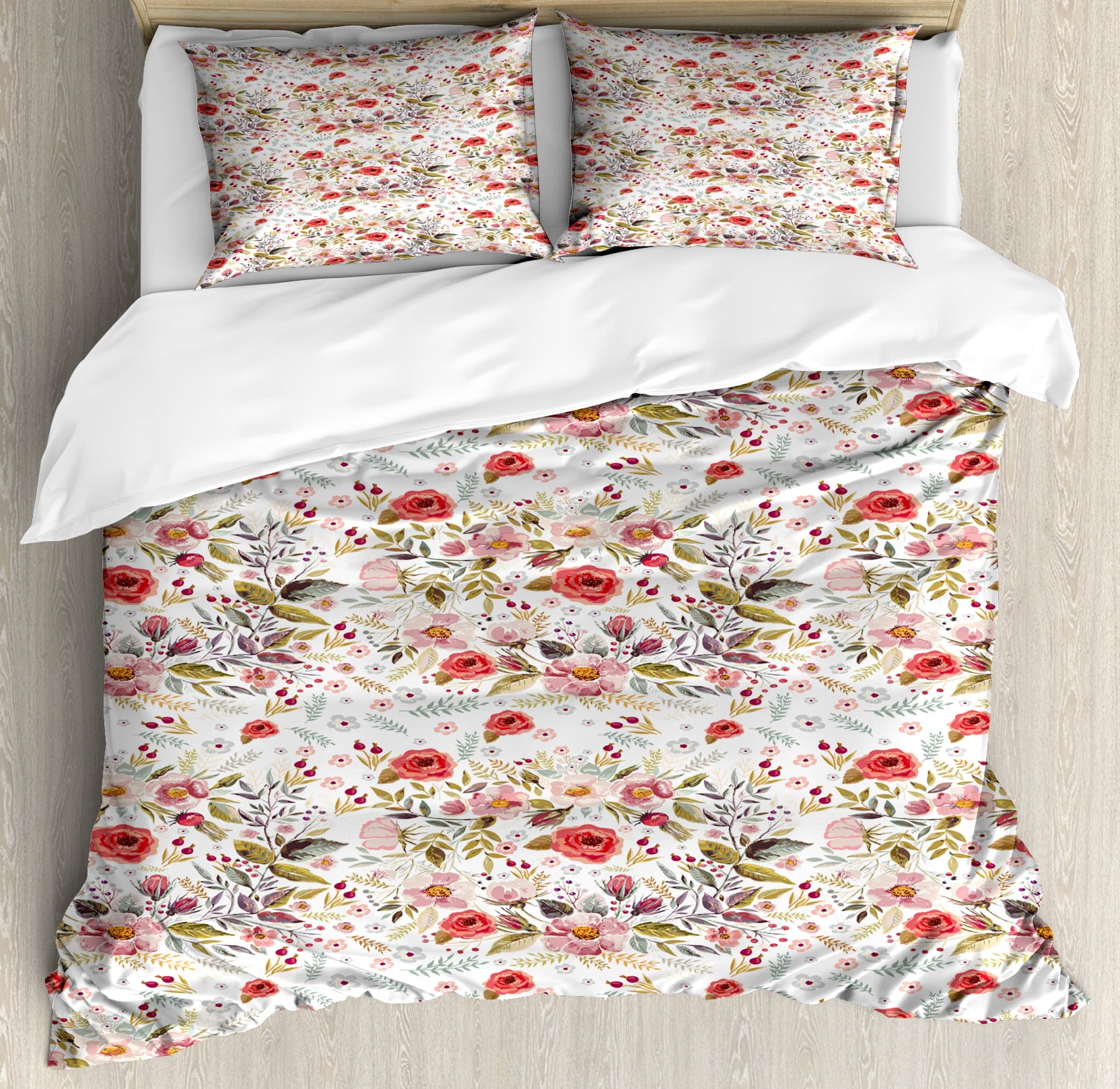 Floral Duvet Cover Set, Blooming Poppies and Wildflowers Drawing Spring ...