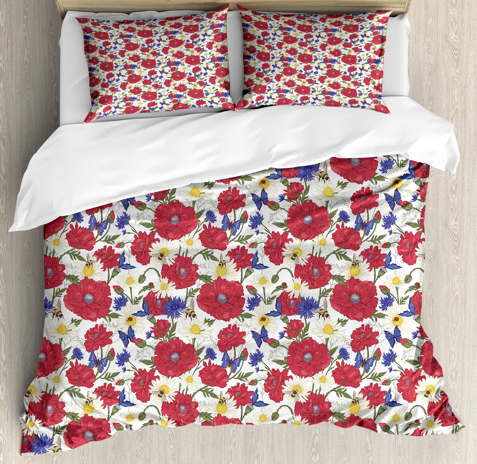 Floral Duvet Cover Set, Blooming Red Poppies Chamomile Ladybird and ...