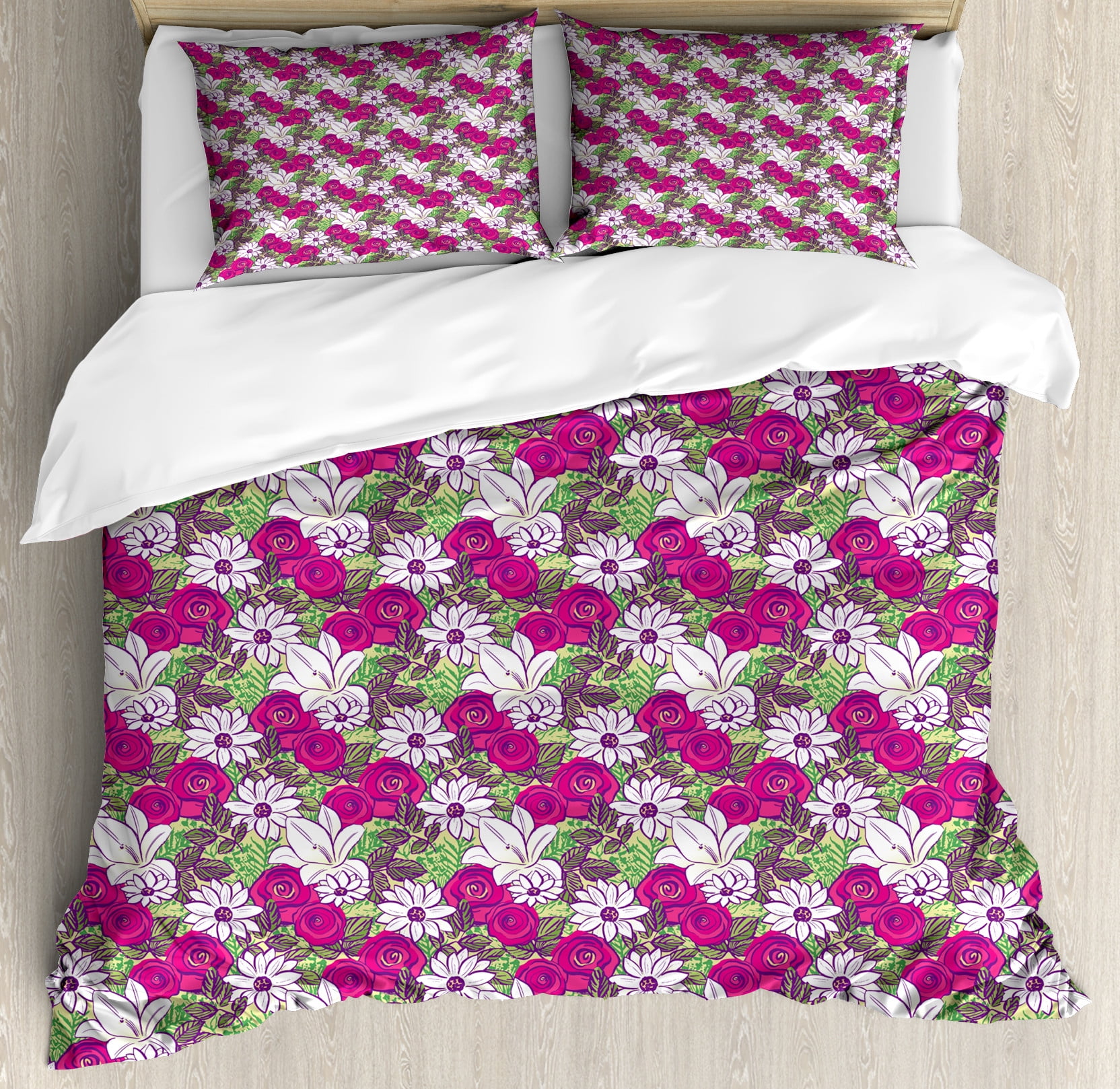 Floral Duvet Cover Set, Bold and Inky Illustrations of Roses Lilies and ...
