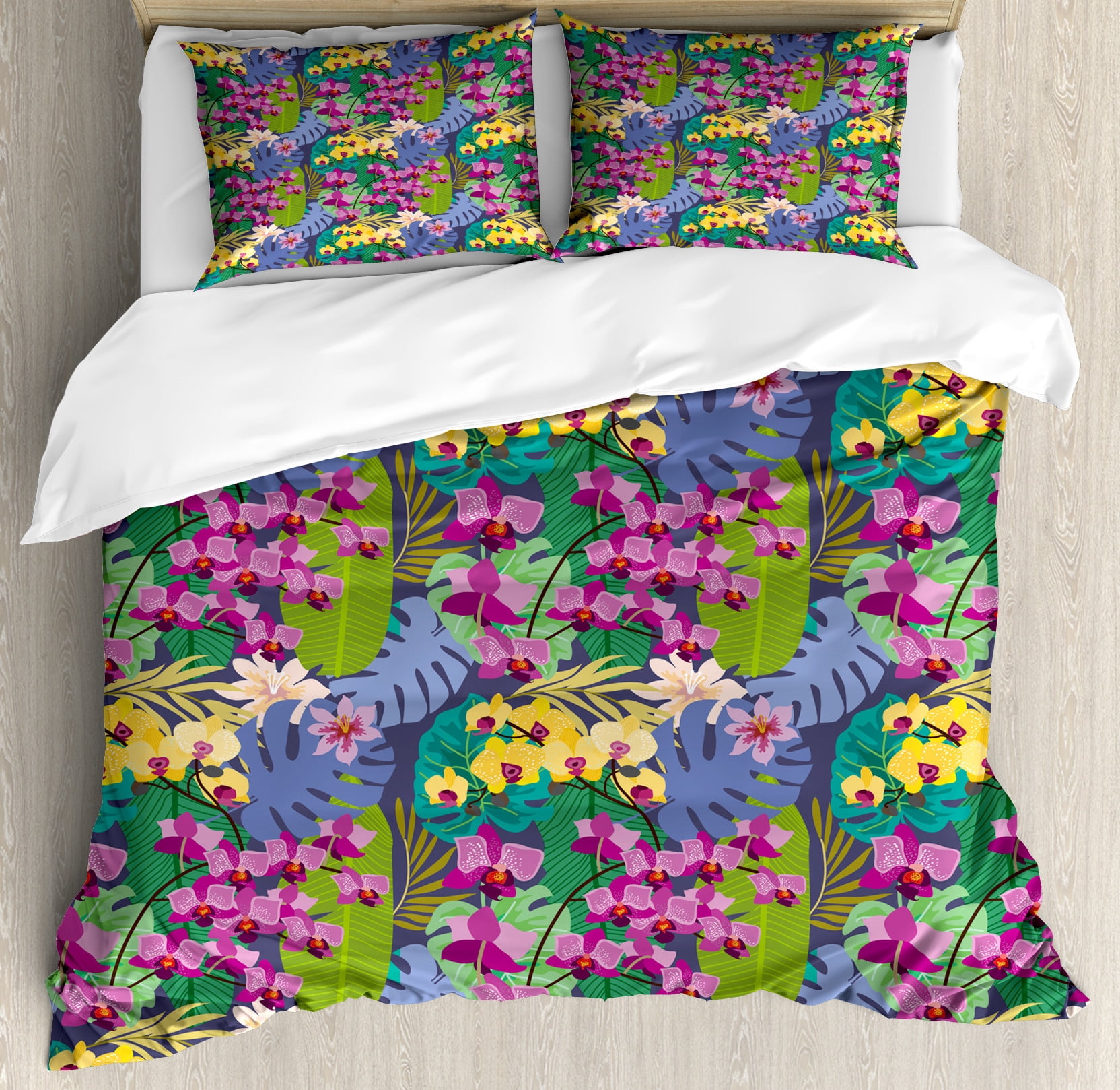 Floral Duvet Cover Set, Botanic Orchid Blooms Flourish Hibiscus Banana ...