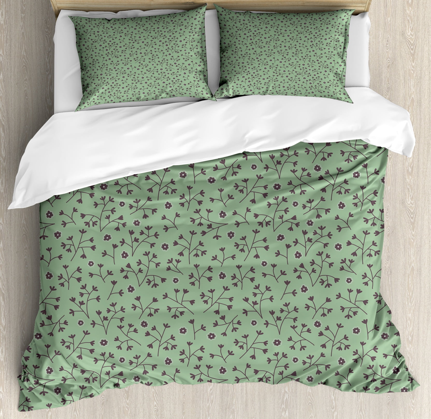 Floral Duvet Cover Set, Botanical Layout of Small Flowers Leaves and ...