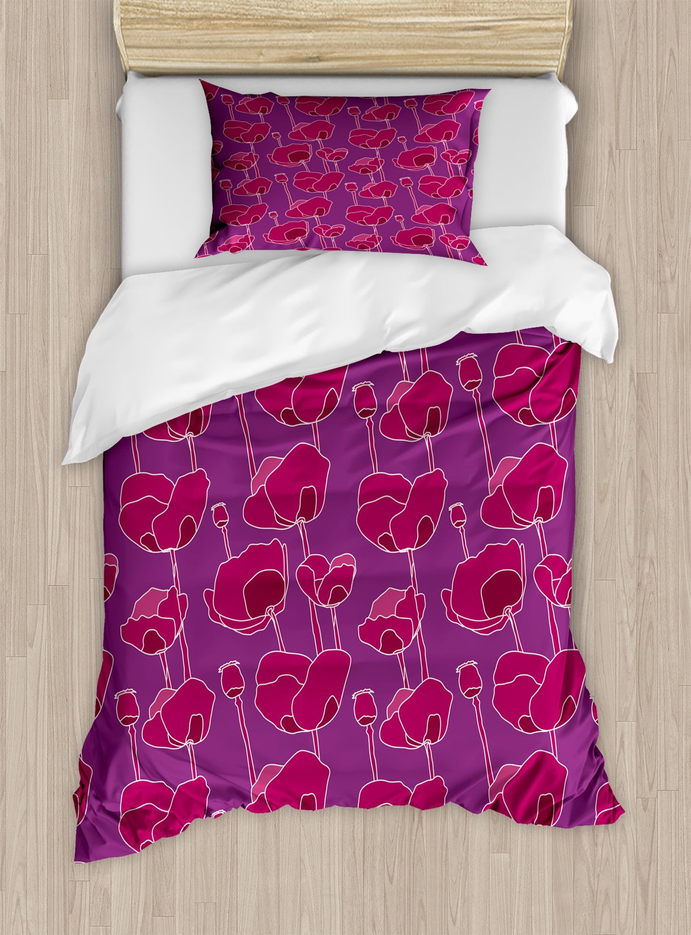 Floral Duvet Cover Set, Botanical Theme Poppy Flowers and Buds Motifs ...