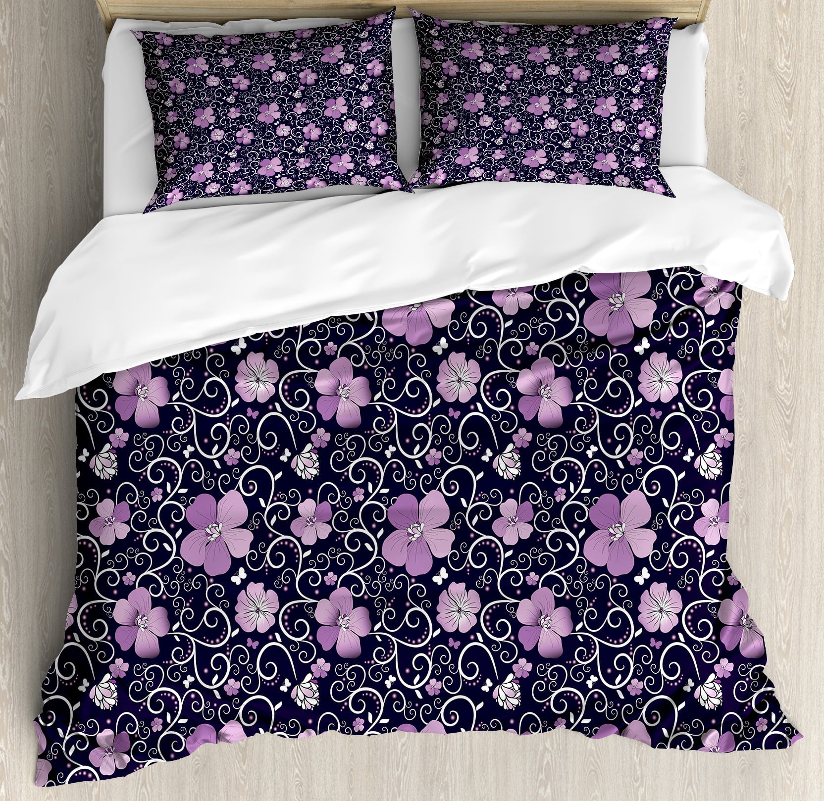 Floral Duvet Cover Set, Butterfly Silhouettes with Plant Flower ...