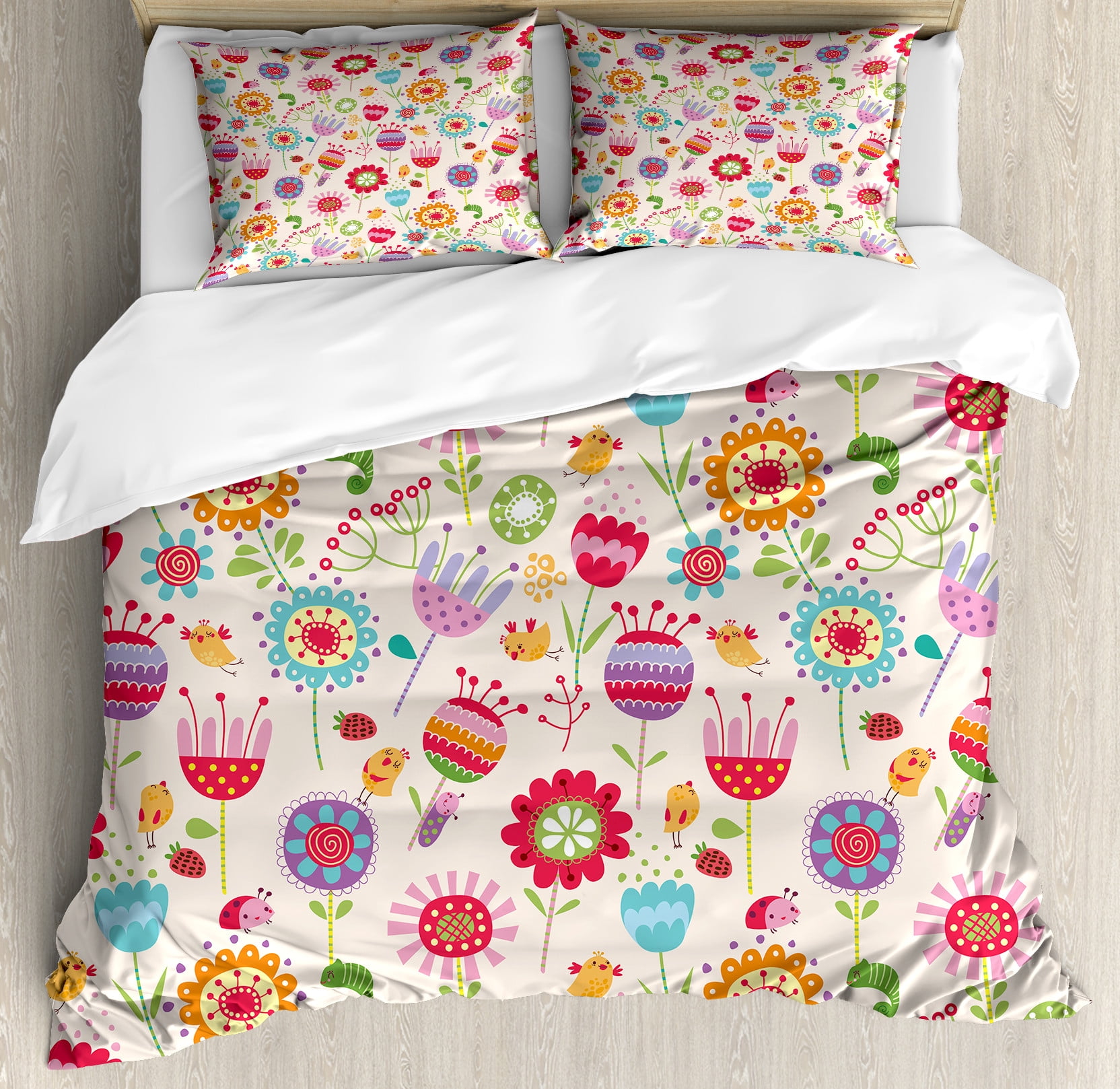 Floral Duvet Cover Set, Cartoon Drawing Style Ladybug Strawberry Bird ...