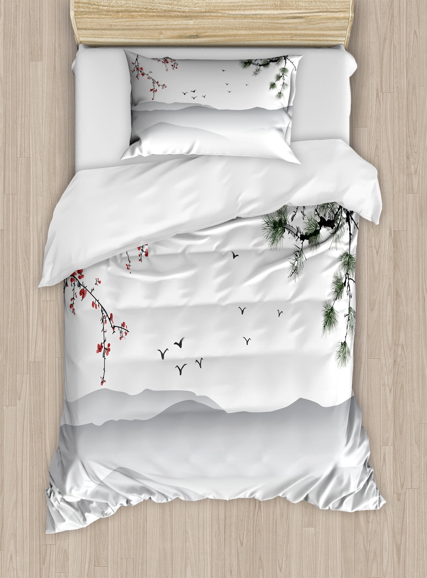 Floral Duvet Cover Set, Chinese Painting Style Art Tree Branches Birds ...