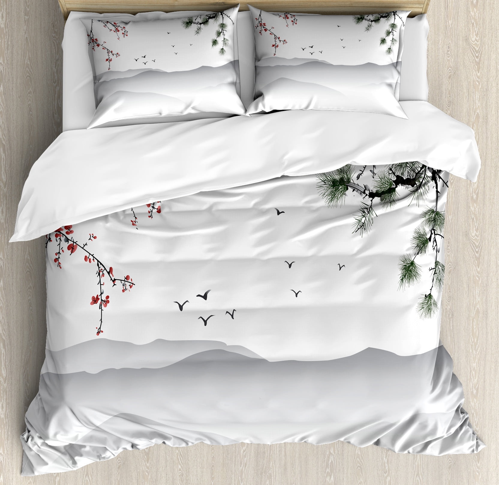 Floral Duvet Cover Set, Chinese Painting Style Art Tree Branches Birds ...