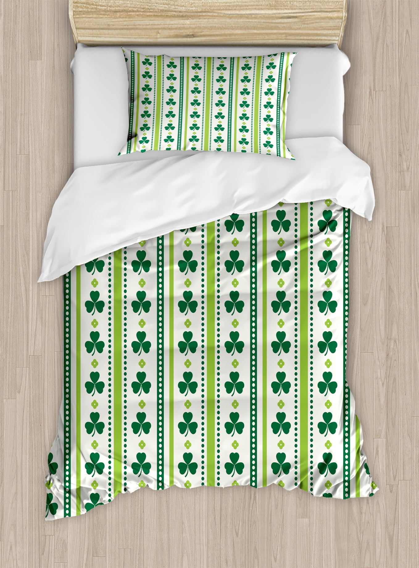 Floral Duvet Cover Set, Clovers Vertical Lines and Dots Irish ...