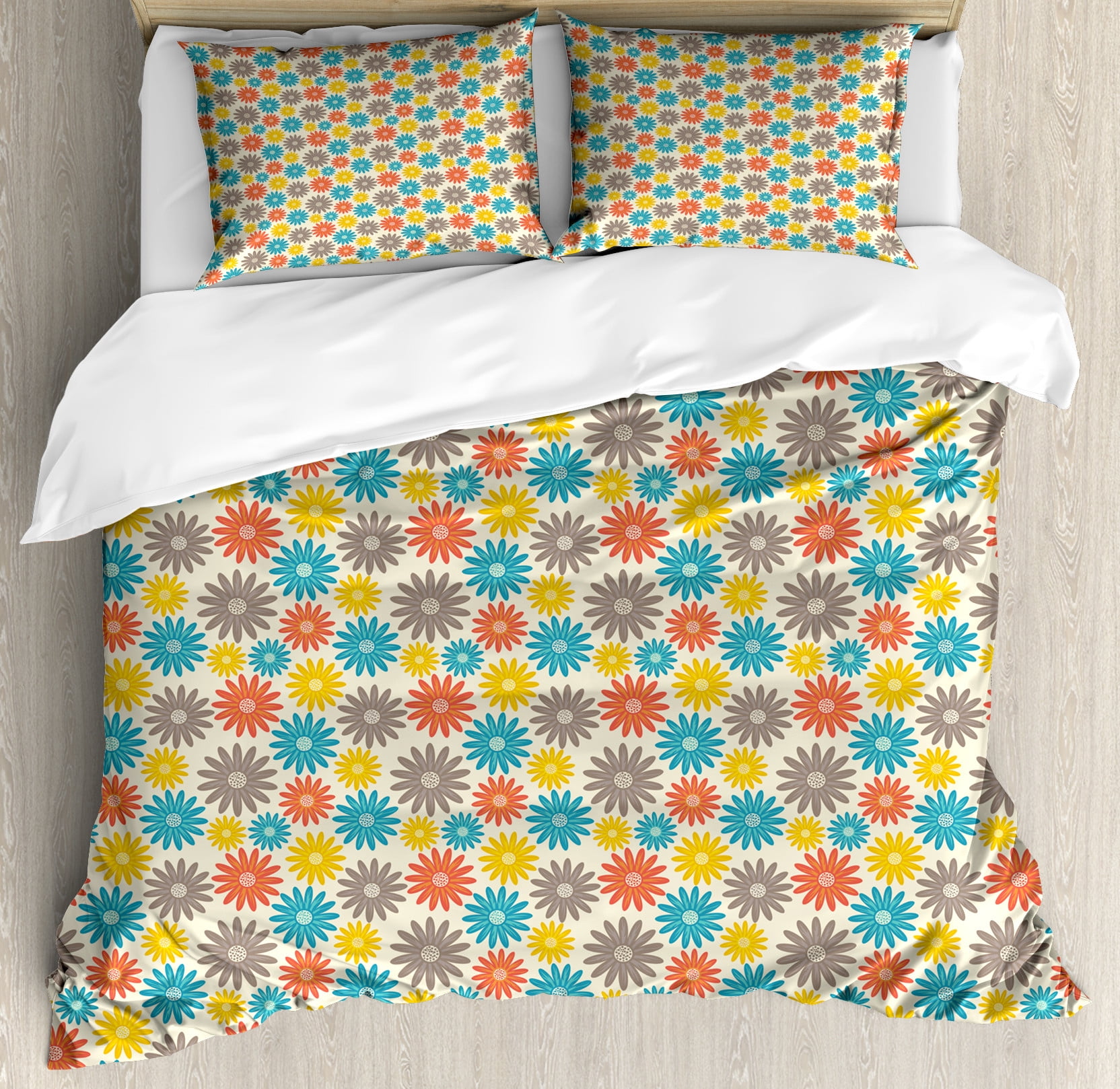 Floral Duvet Cover Set, Colorful Top View Daisies Pattern Spring Blooms ...