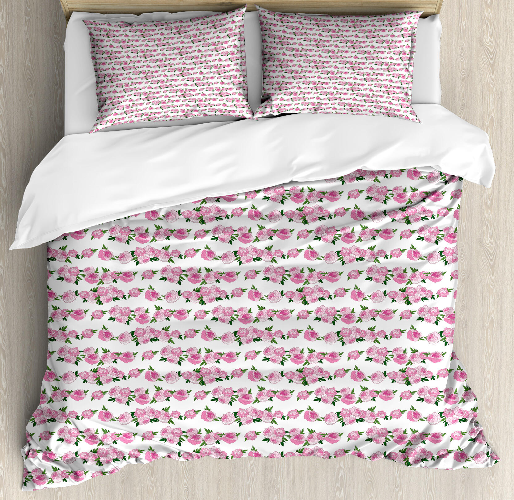 Floral Duvet Cover Set, Continuous Tender Pink Peonies Leaves on Plain ...