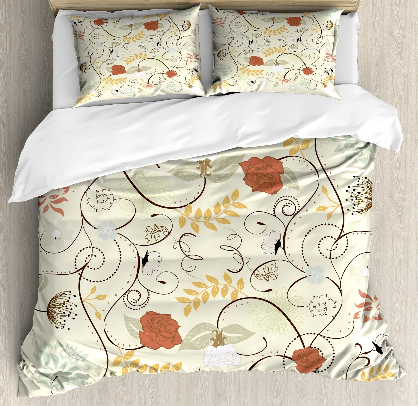 Floral Duvet Cover Set, Curlicue Motifs Rose Flower Leaves Intricate ...