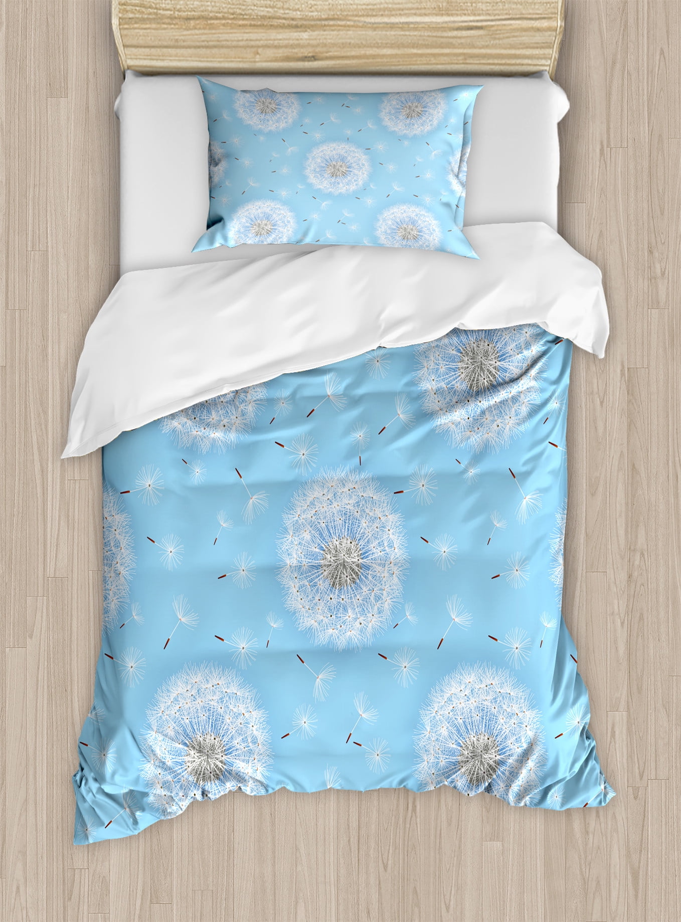 Floral Duvet Cover Set, Dandelion Petals Flying Fluffy Soft Flora in ...