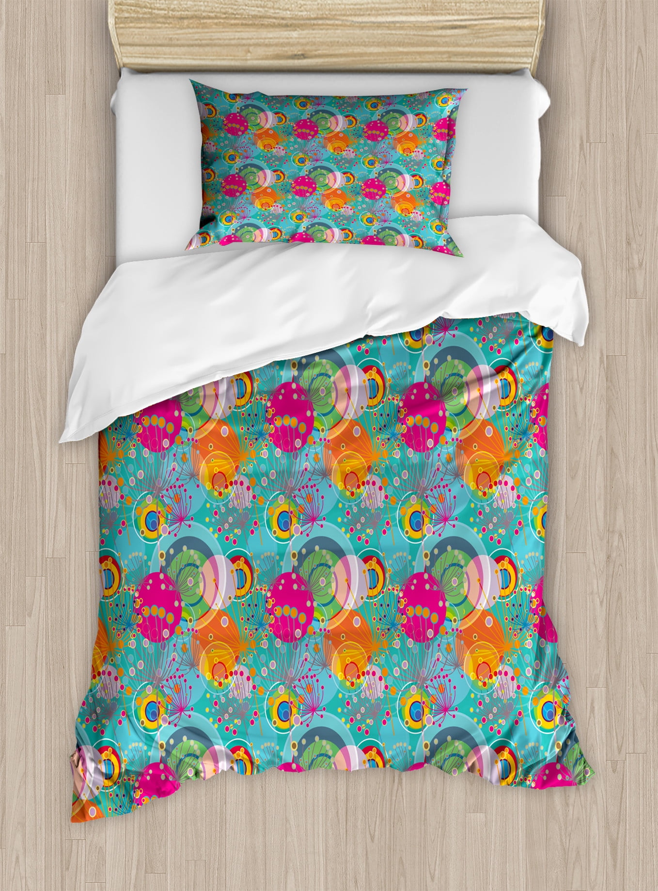 Floral Duvet Cover Set, Dandelions Flowers Circles Vibrant Spring Sun ...