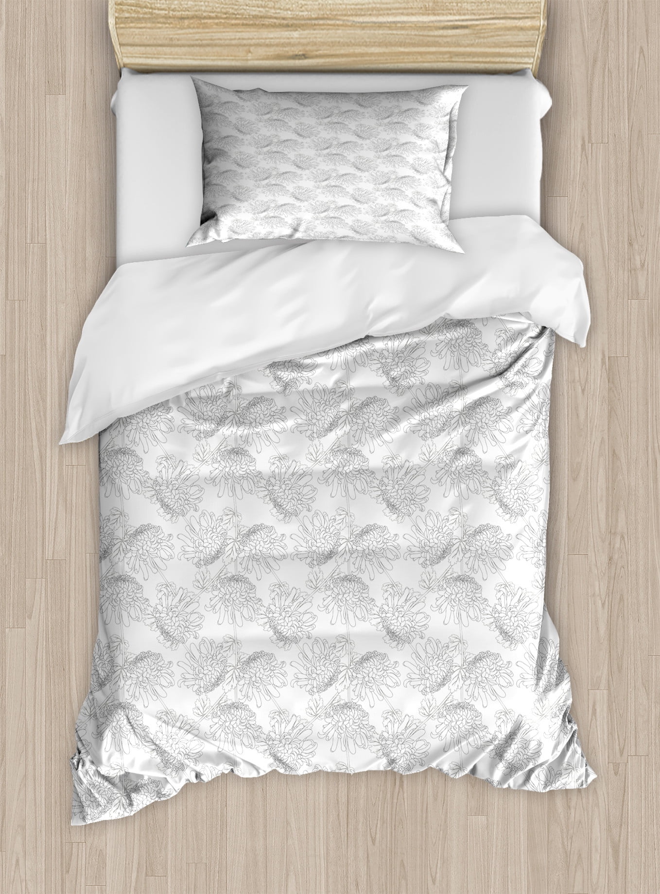 Floral Duvet Cover Set, Delicate Layout of Outline Drawings of ...
