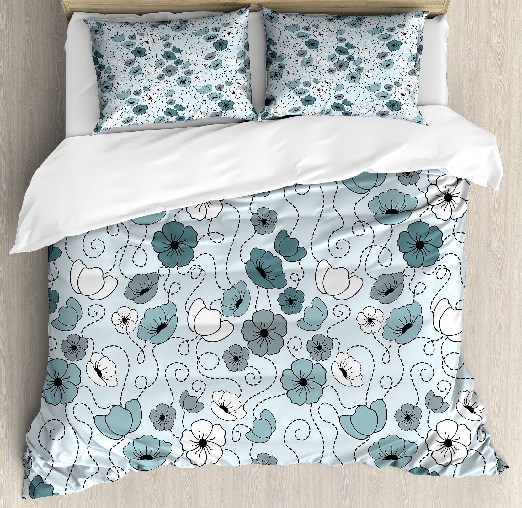 Floral Duvet Cover Set, Doodle Drawing Style Floral Arrangement Botany ...