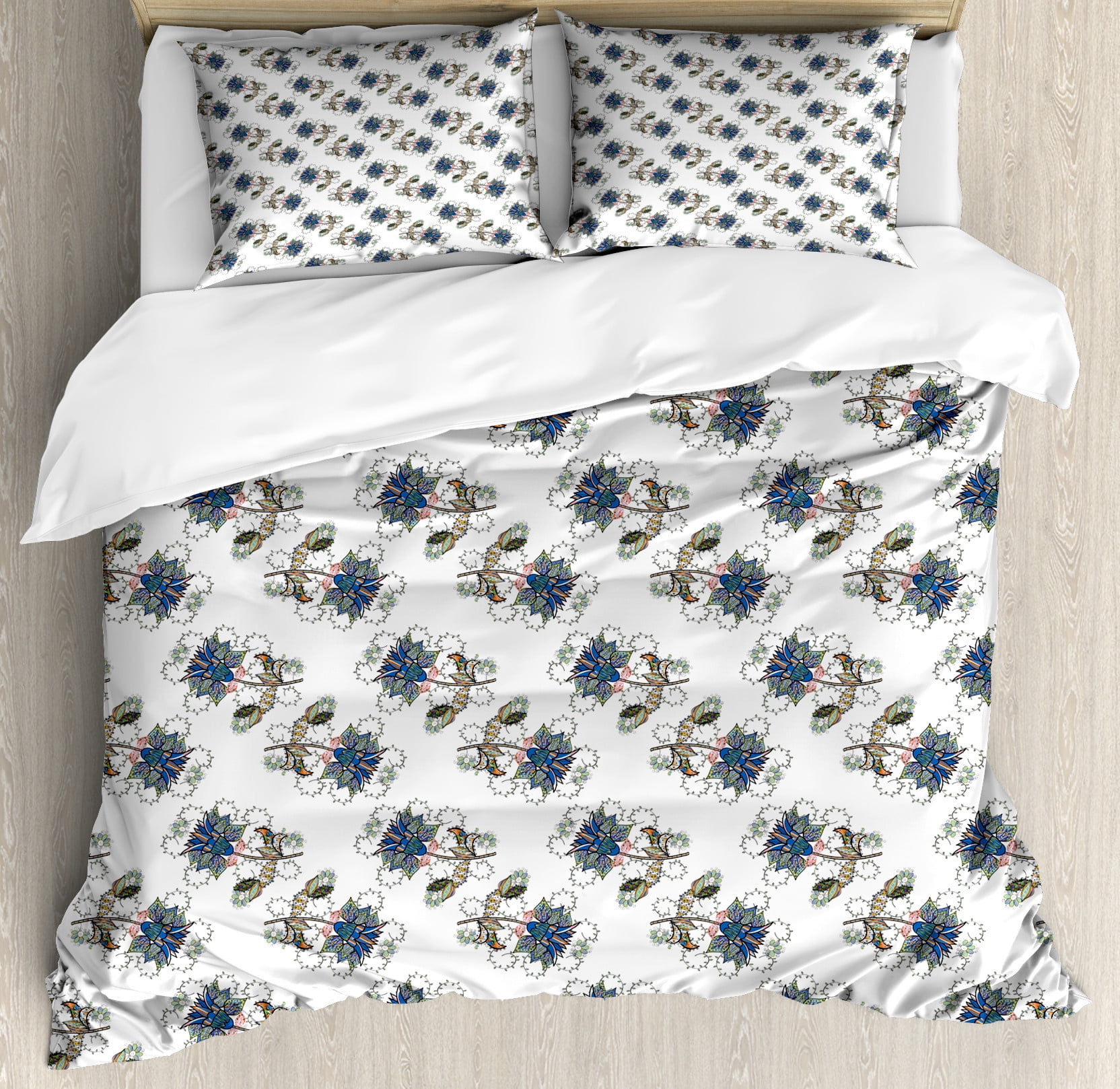 Floral Duvet Cover Set, Doodle Flowers Branches and Herbs Pattern in Hand Drawn Style on Plain ...