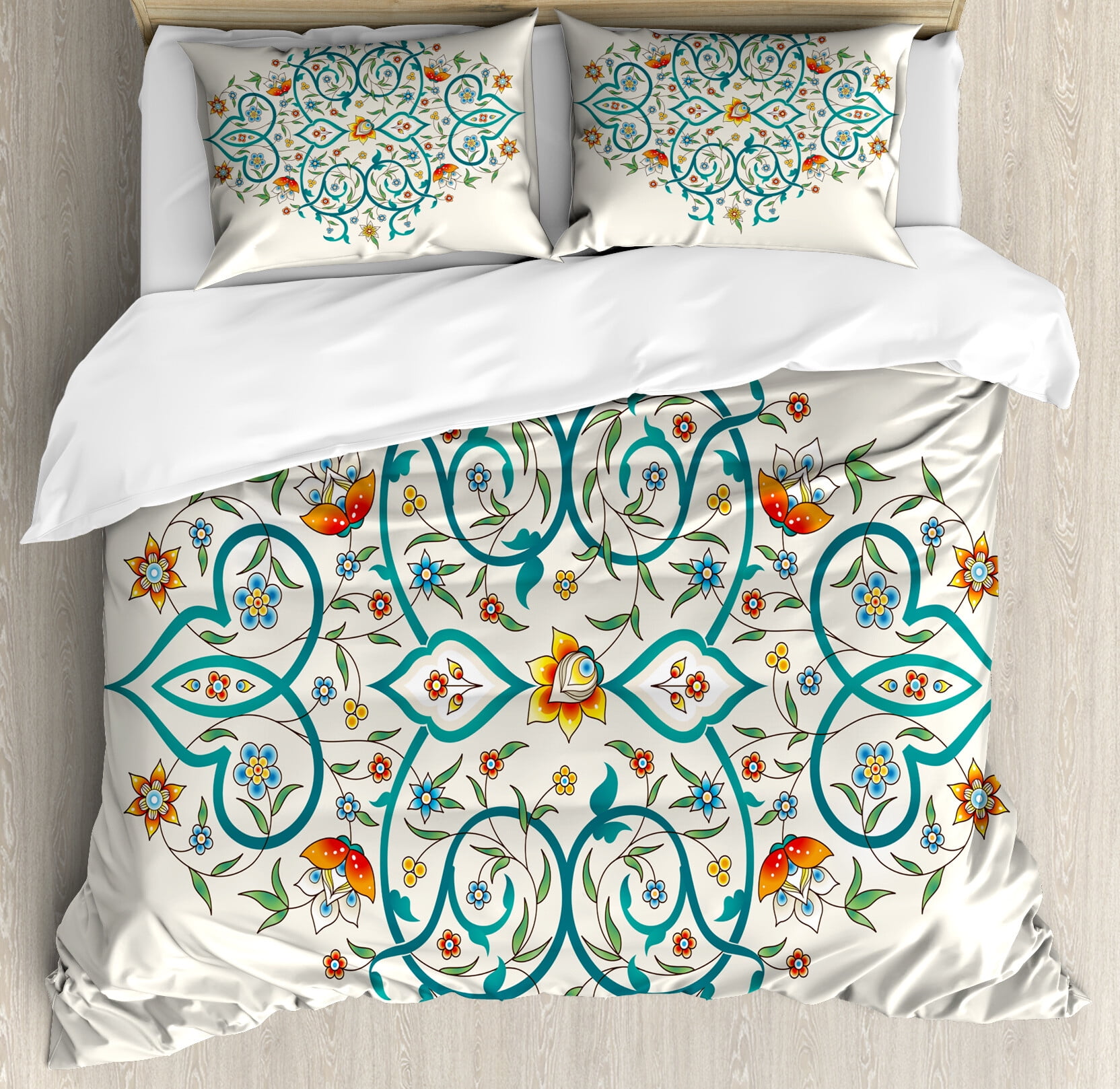 Floral Duvet Cover Set, Eastern Style Blossoming Flowers and Leaves ...