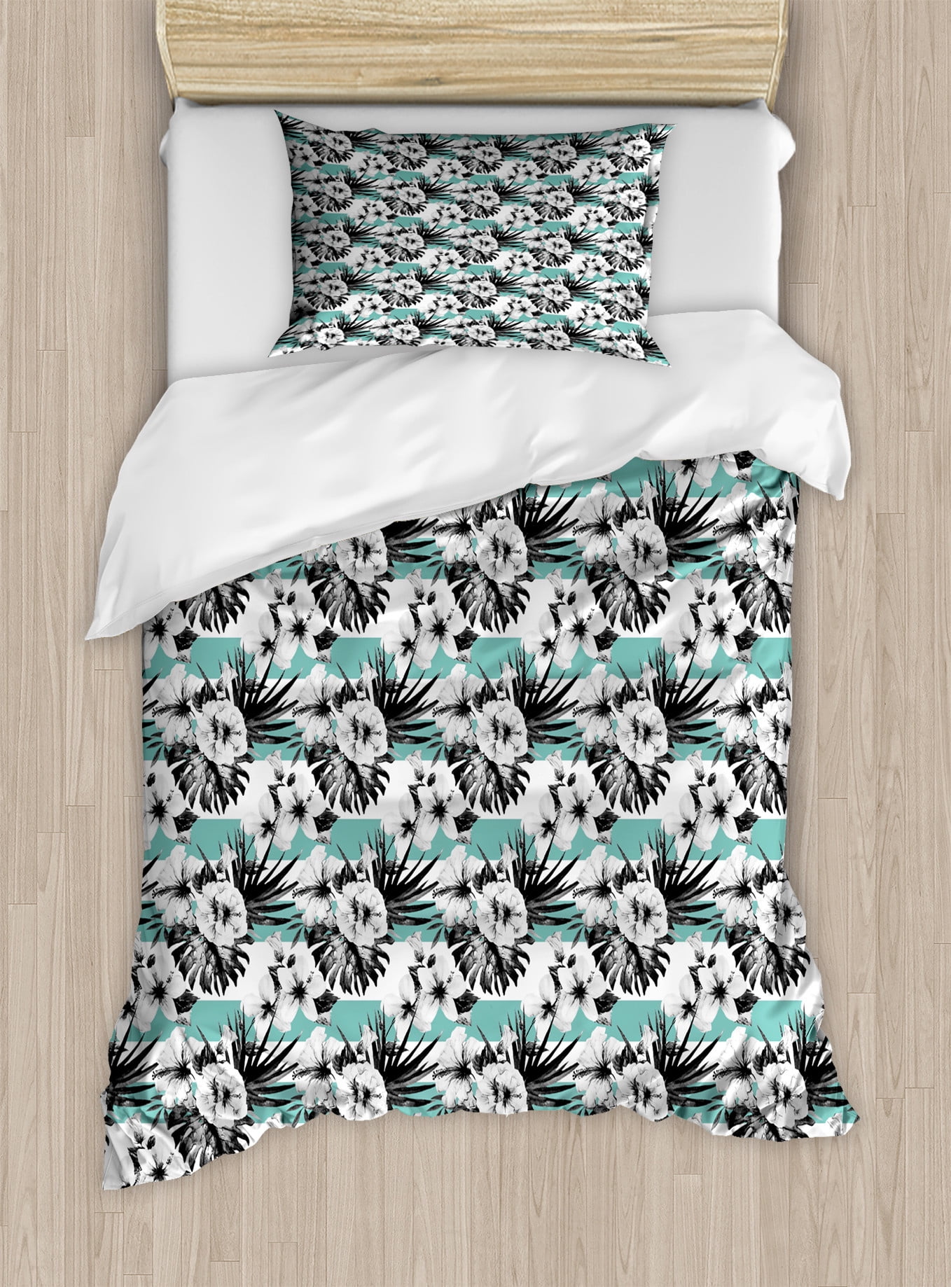 Floral Duvet Cover Set, Exotic Watercolor Hibiscus Flower Graphic Art ...