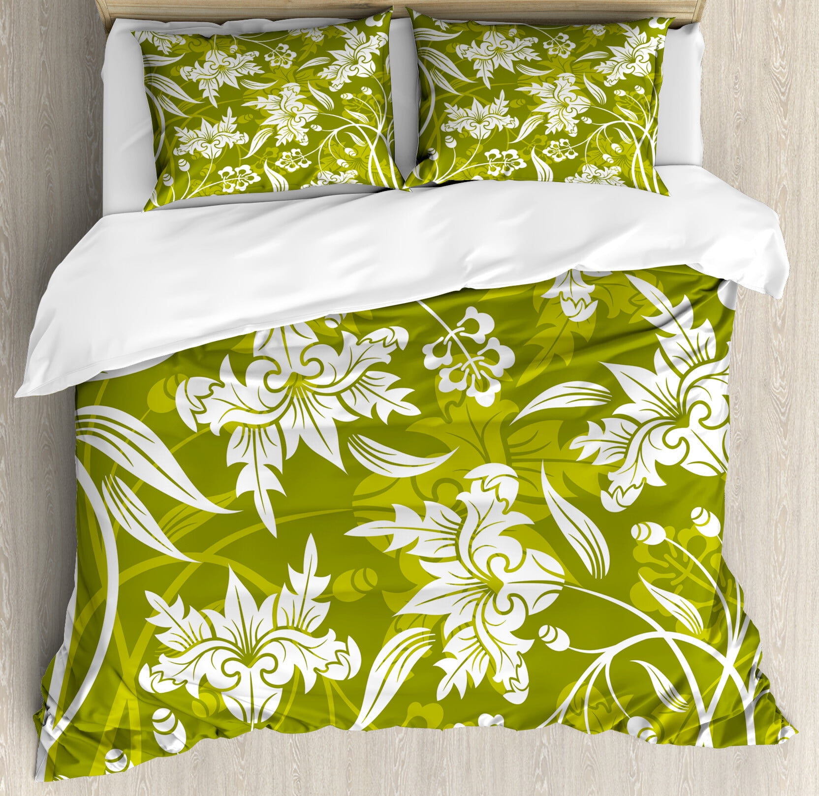 Floral Duvet Cover Set, Flourishing Flower Pattern on Green Background ...