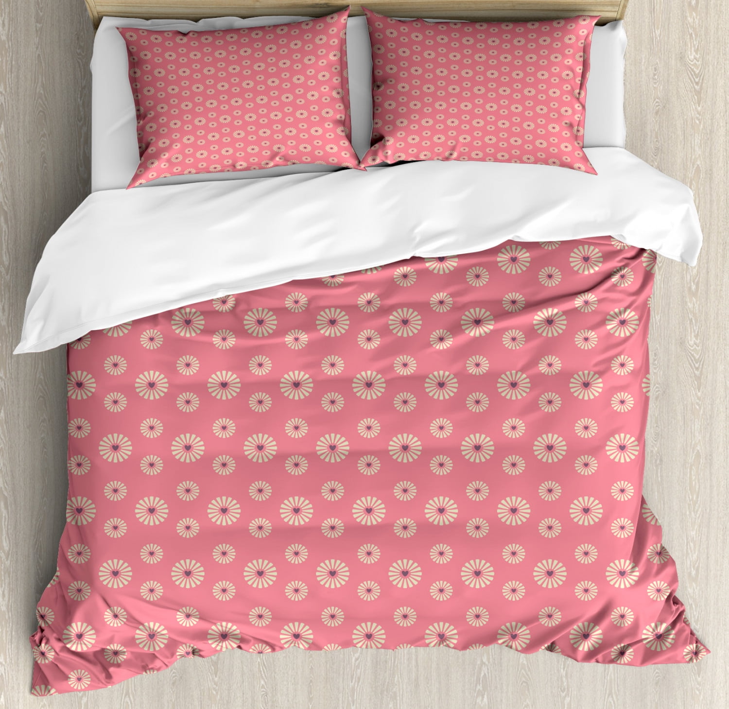 Floral Duvet Cover Set, Flowers with Little Hearts the Middle Romantic ...