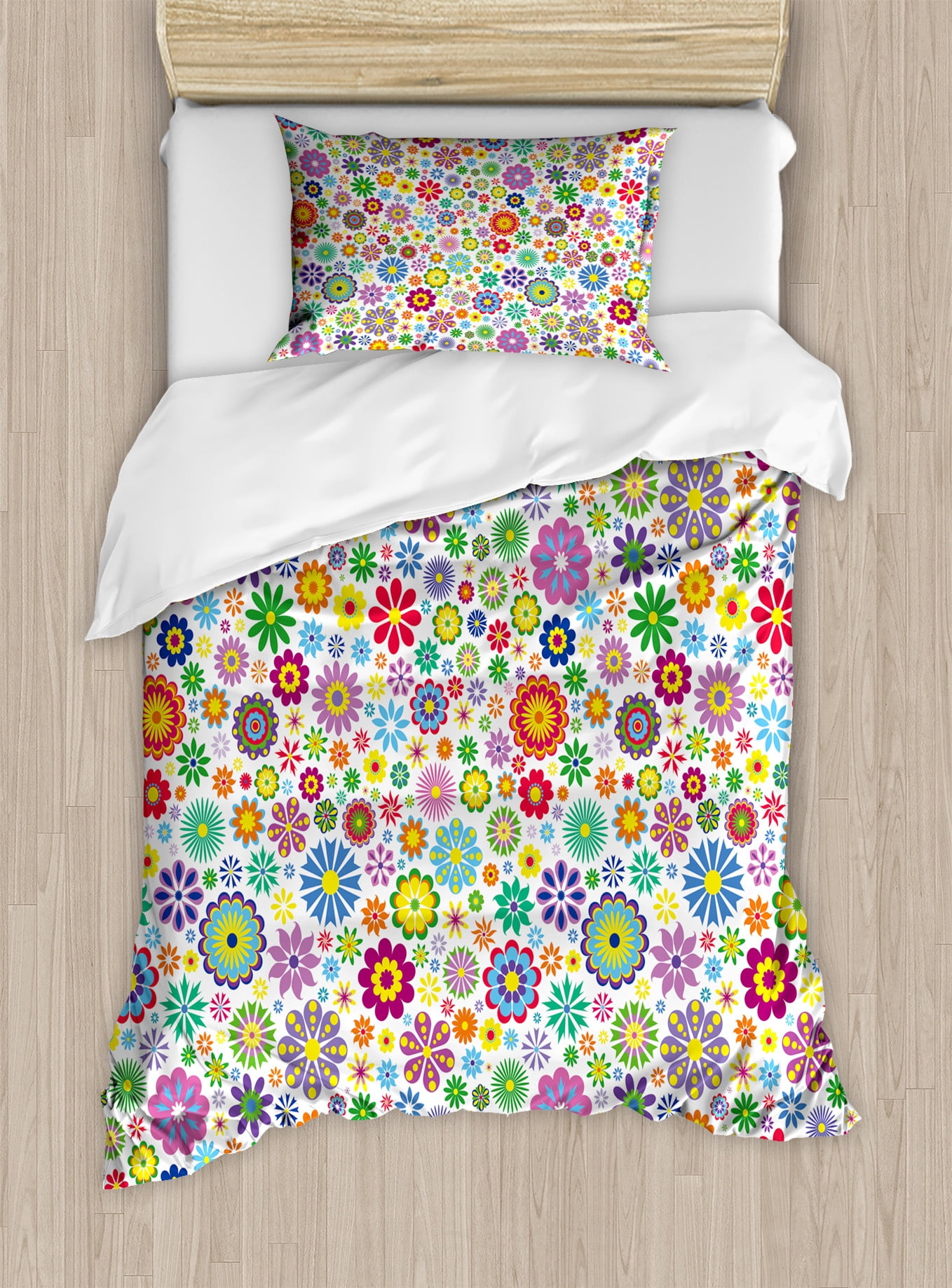 Floral Duvet Cover Set, Flowers Peace Hippie Style Flourishing Blooms ...