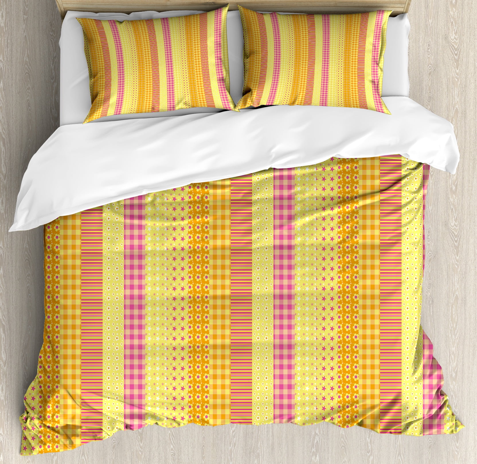Floral Duvet Cover Set, Flowers Stars Stripes Mix Patchwork Style Motif ...