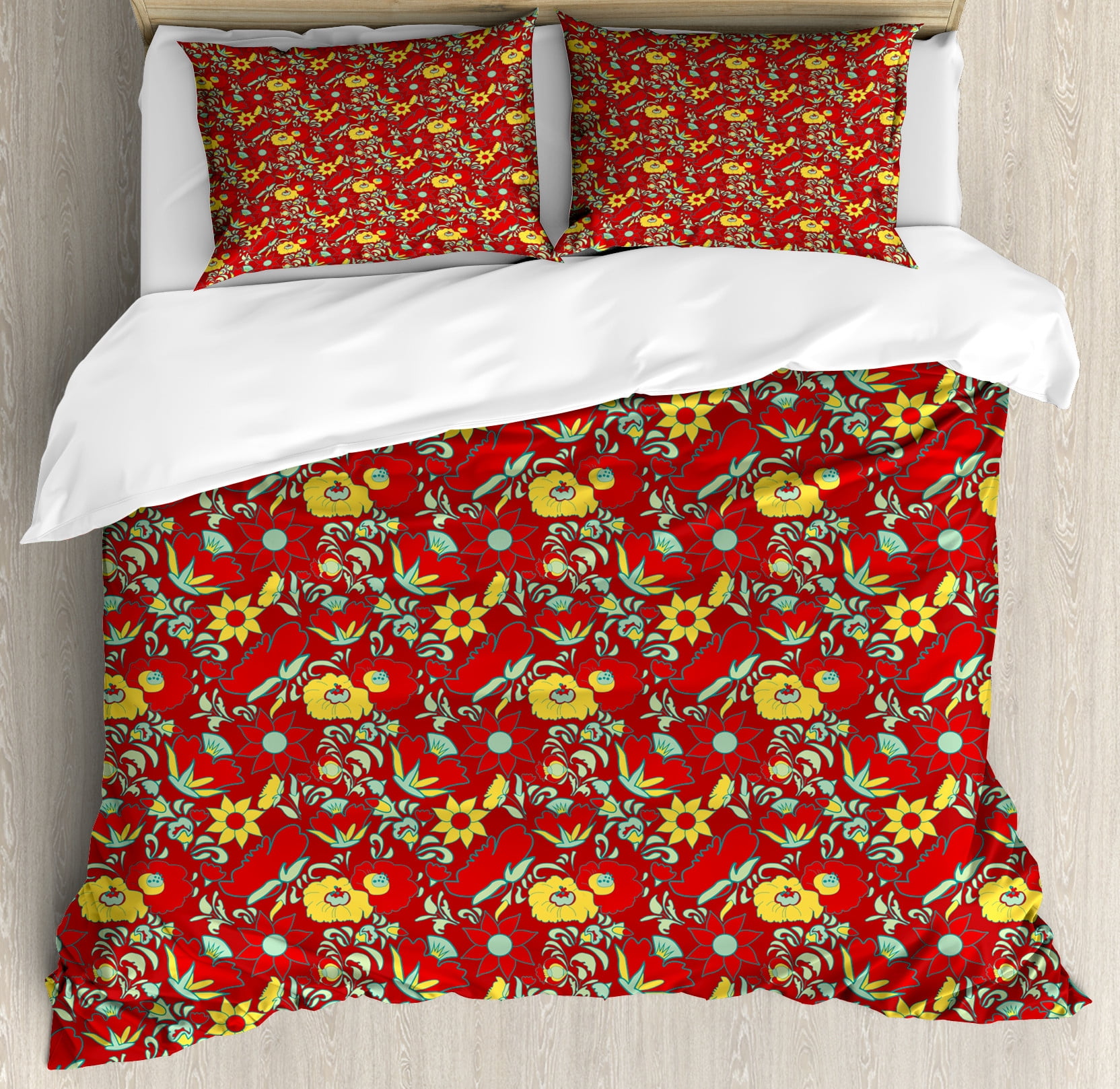 Floral Duvet Cover Set, Folk Art Style Ethnic Petals Pattern of Forest ...