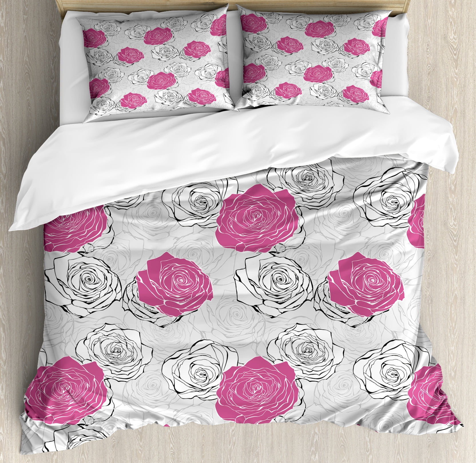 Floral Duvet Cover Set, Hand Drawn Classic Romantic Soft Blooming Rose ...