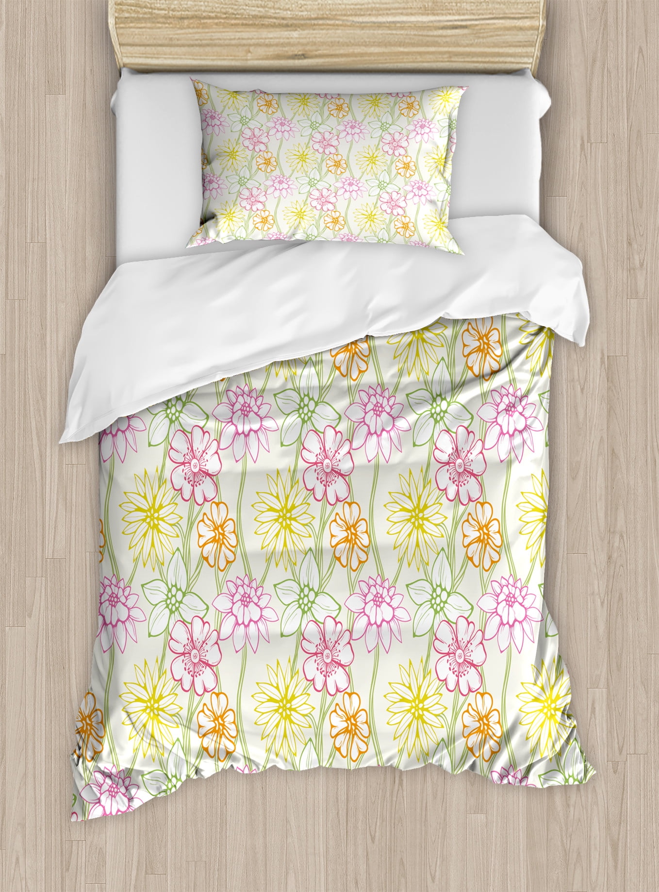 Floral Duvet Cover Set, Hand Drawn Colorful Flourishing Spring Flowers ...