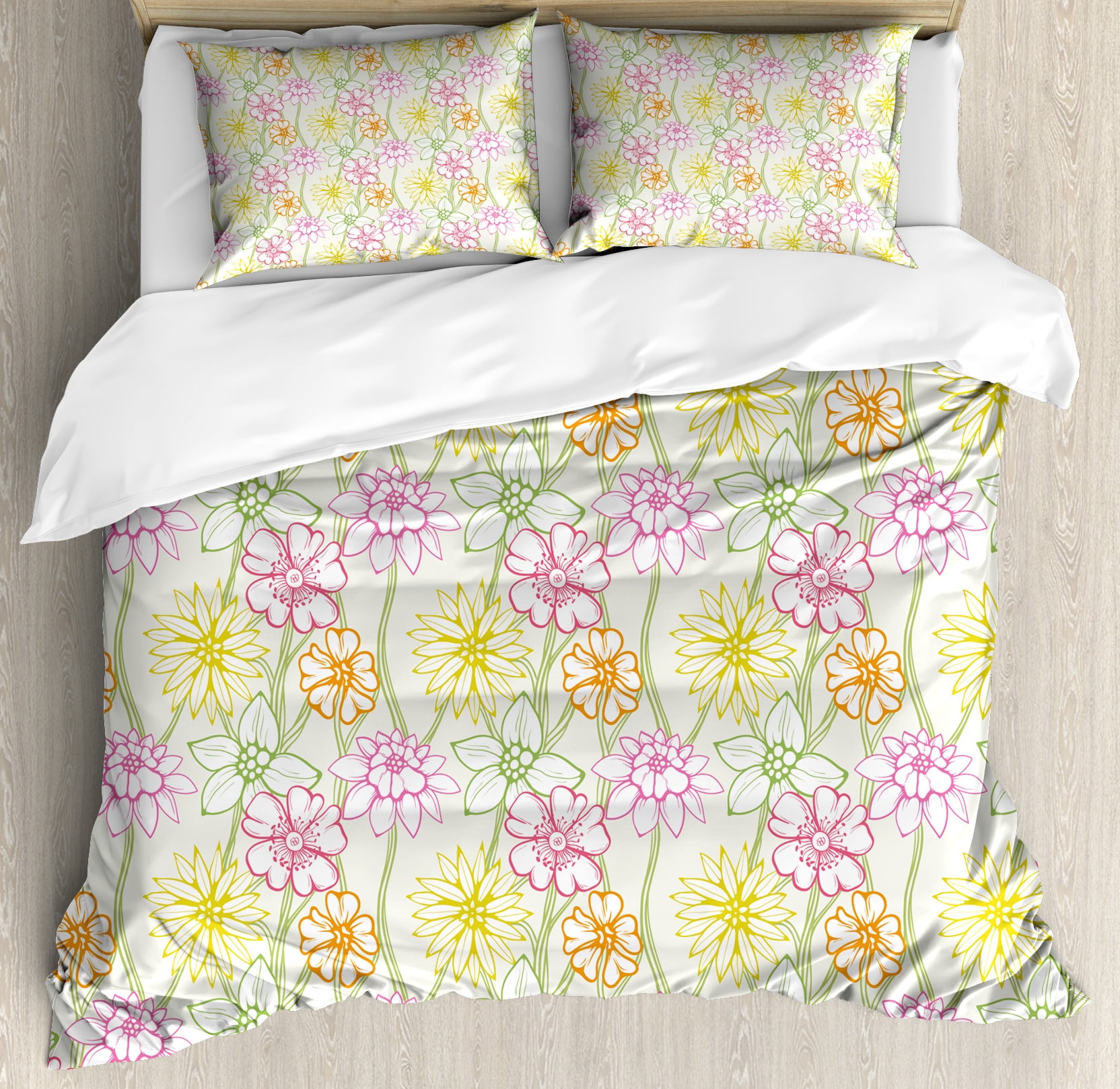 Floral Duvet Cover Set, Hand Drawn Colorful Flourishing Spring Flowers ...