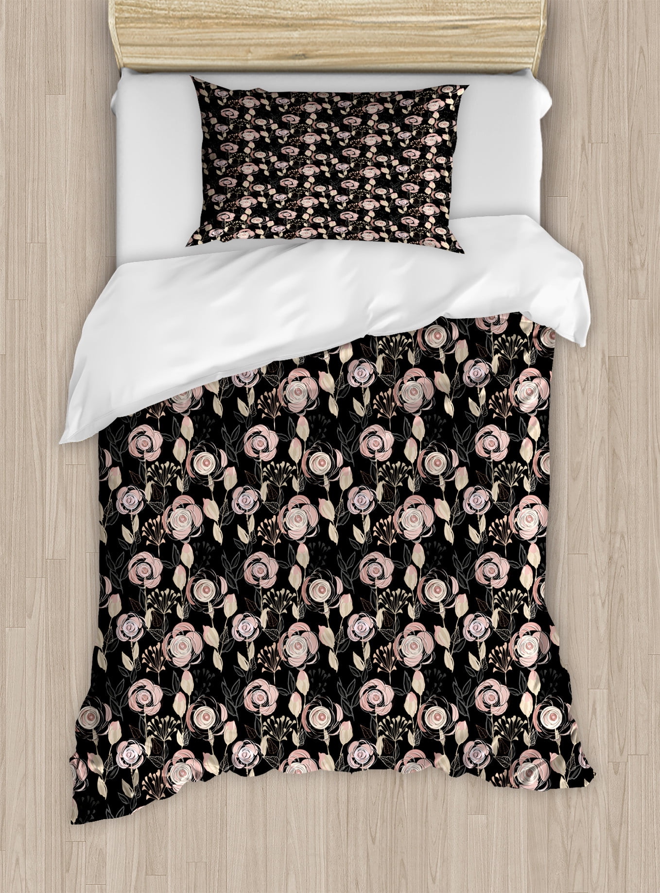 Floral Duvet Cover Set, Hand Drawn Victorian Flower Drawings Blooming ...