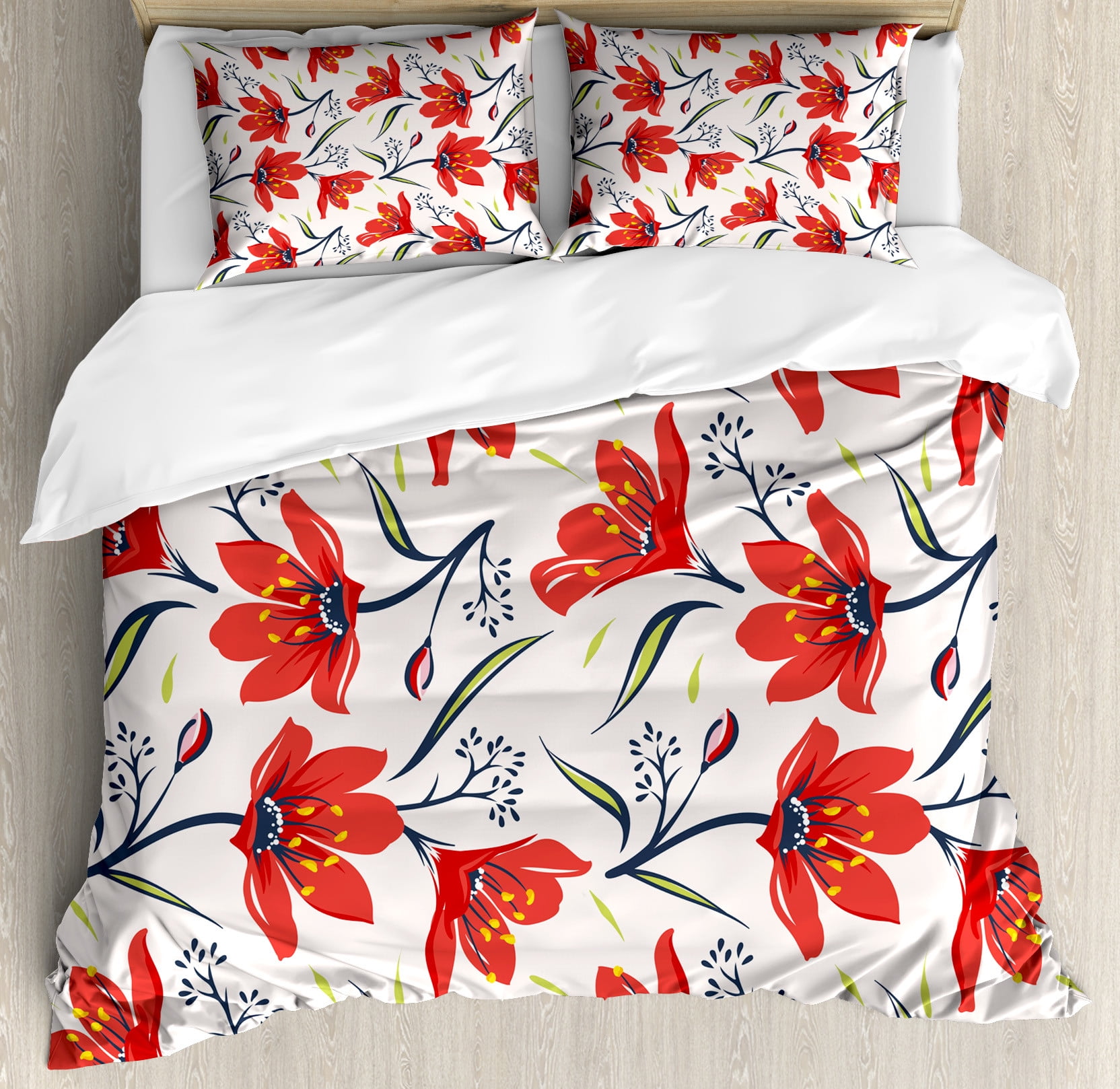 Floral Duvet Cover Set, Hand Drawn Vintage Flourishing Tulip Flowers ...