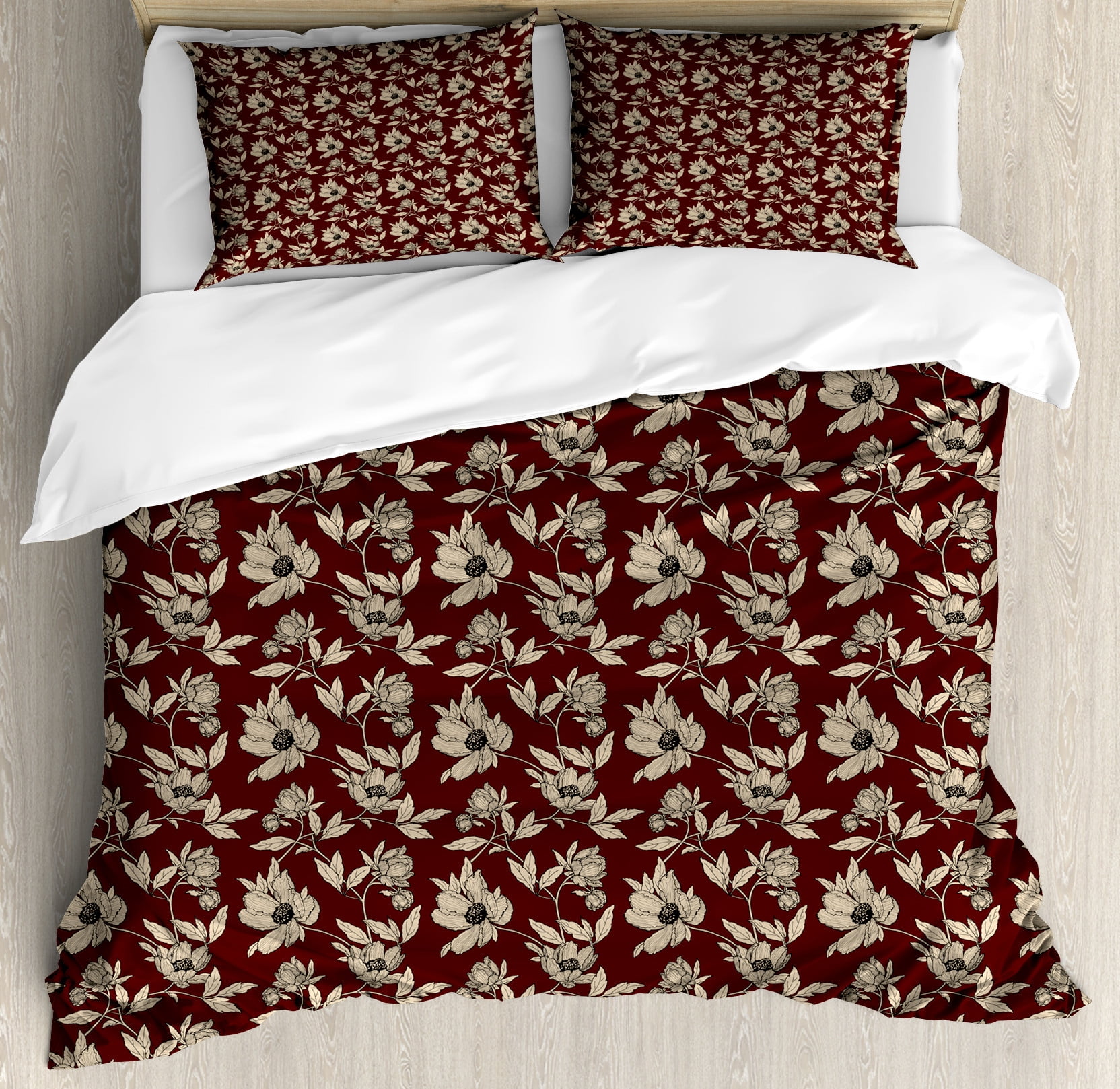 Floral Duvet Cover Set, Hand Sketched Classic Retro Ornamental Flower ...