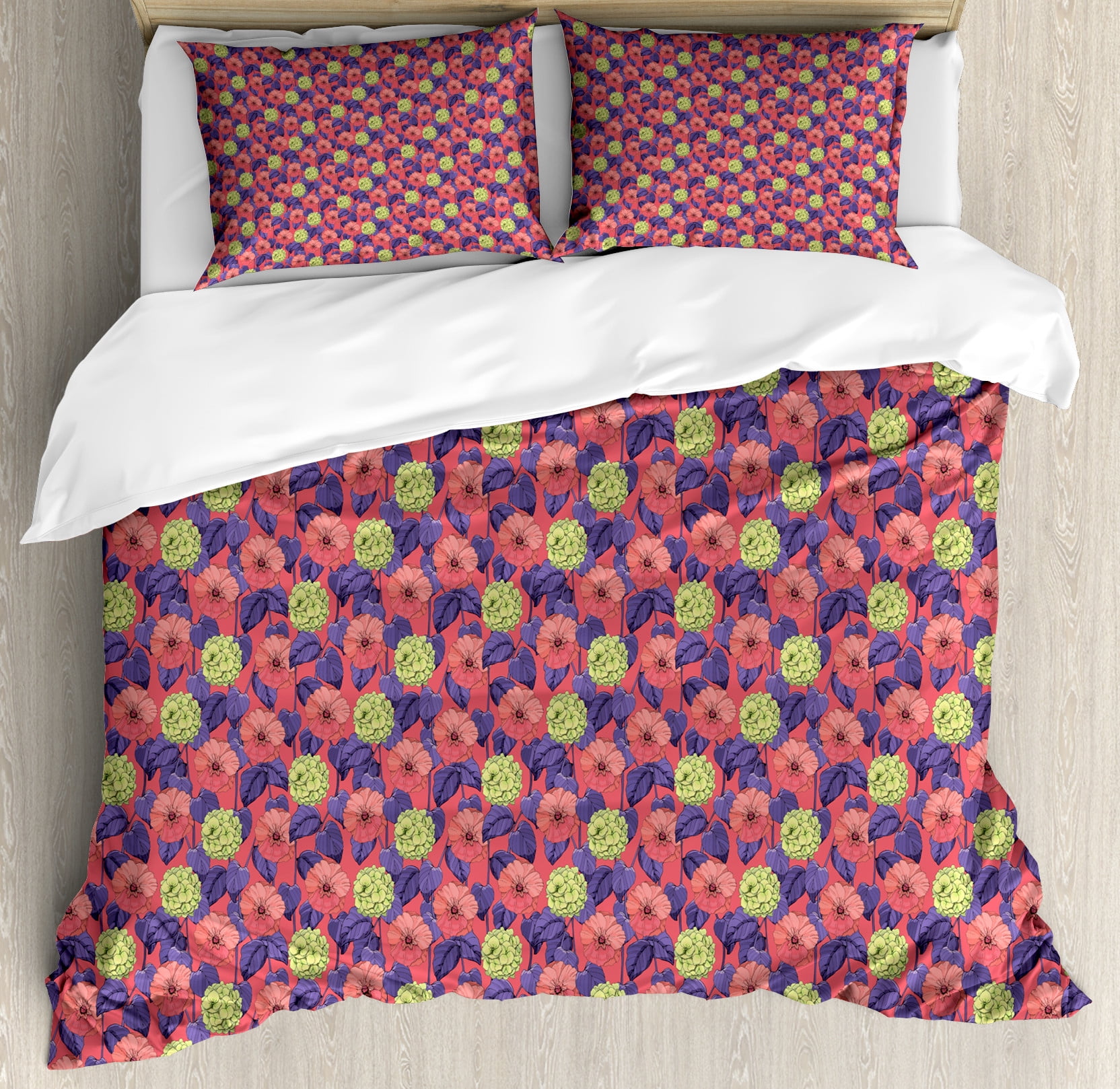Floral Duvet Cover Set, Hydrangea and Mallow Flower Bouquets Vivid ...