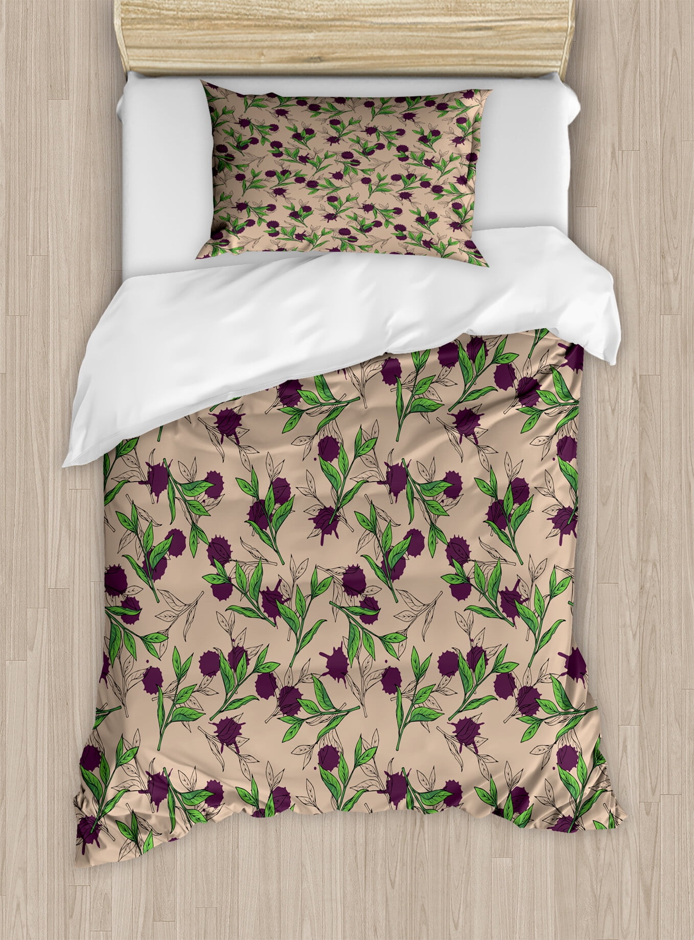 Floral Duvet Cover Set, Image of Natural Tea Leaves with Purple Toned ...