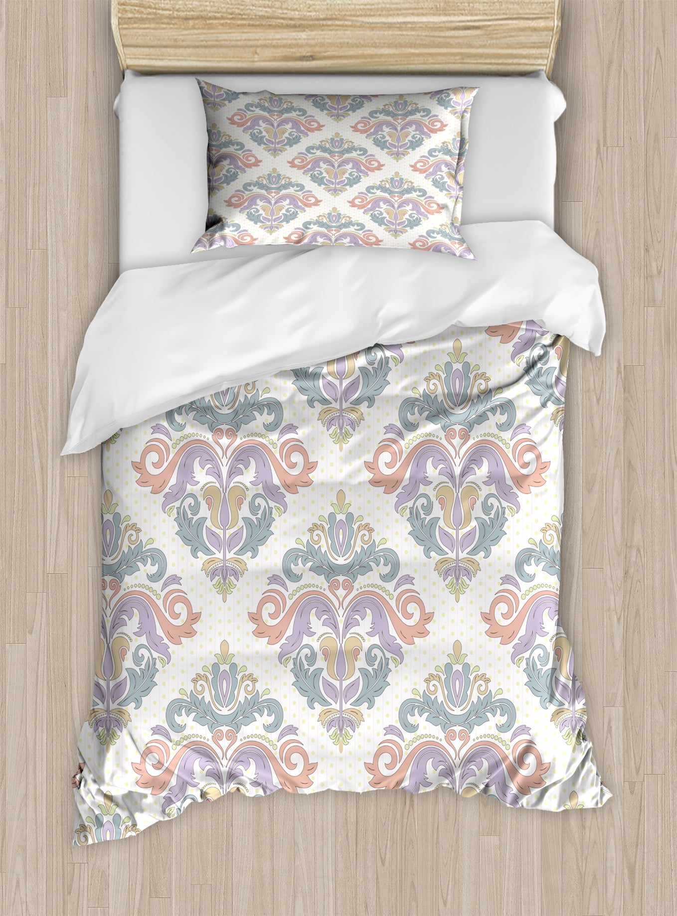 Floral Duvet Cover Set, Inspired Modernized Damask Pastel Colors ...