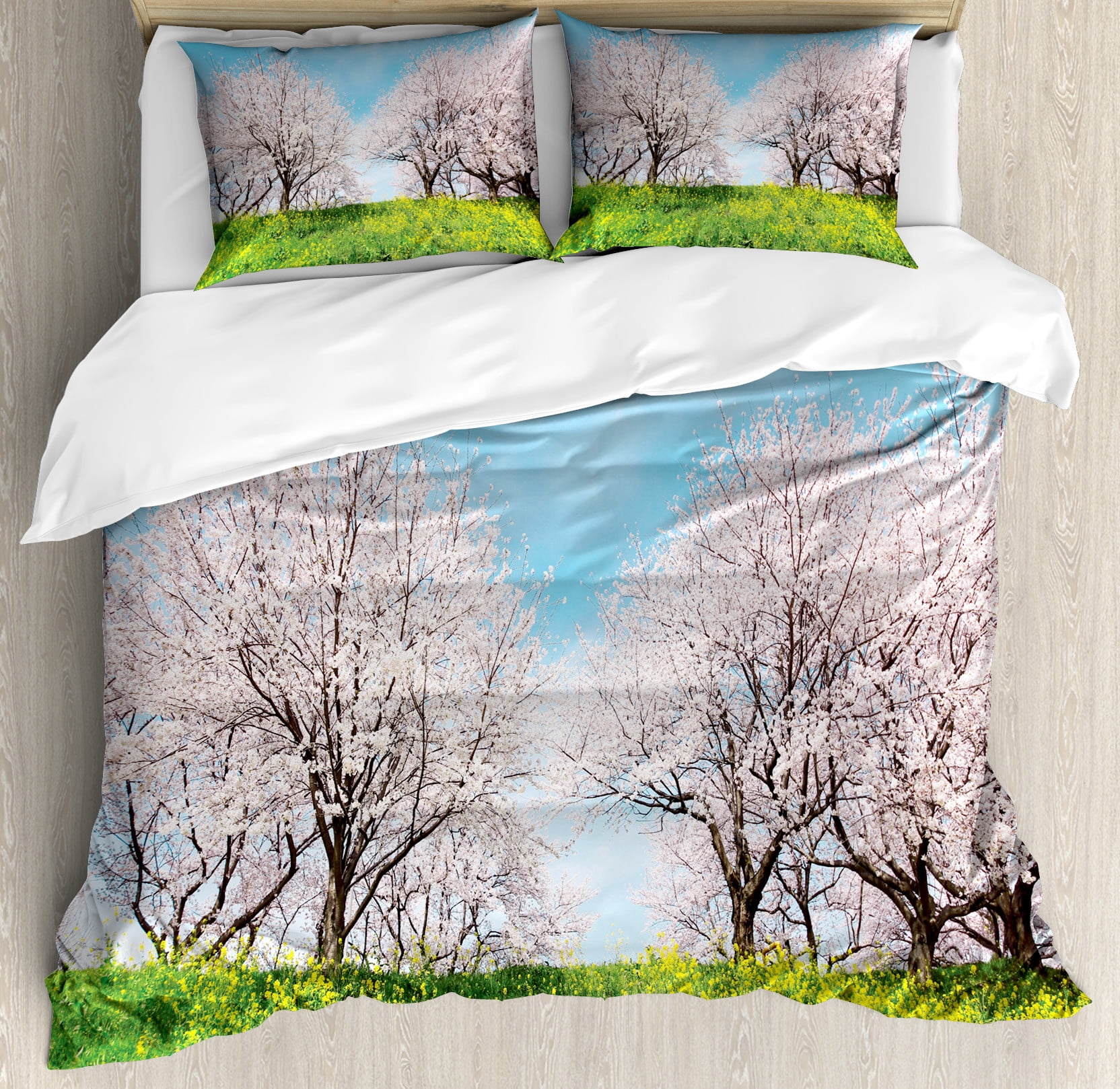Floral Duvet Cover Set, Japanese Spring Scenery Grass Wildflowers ...