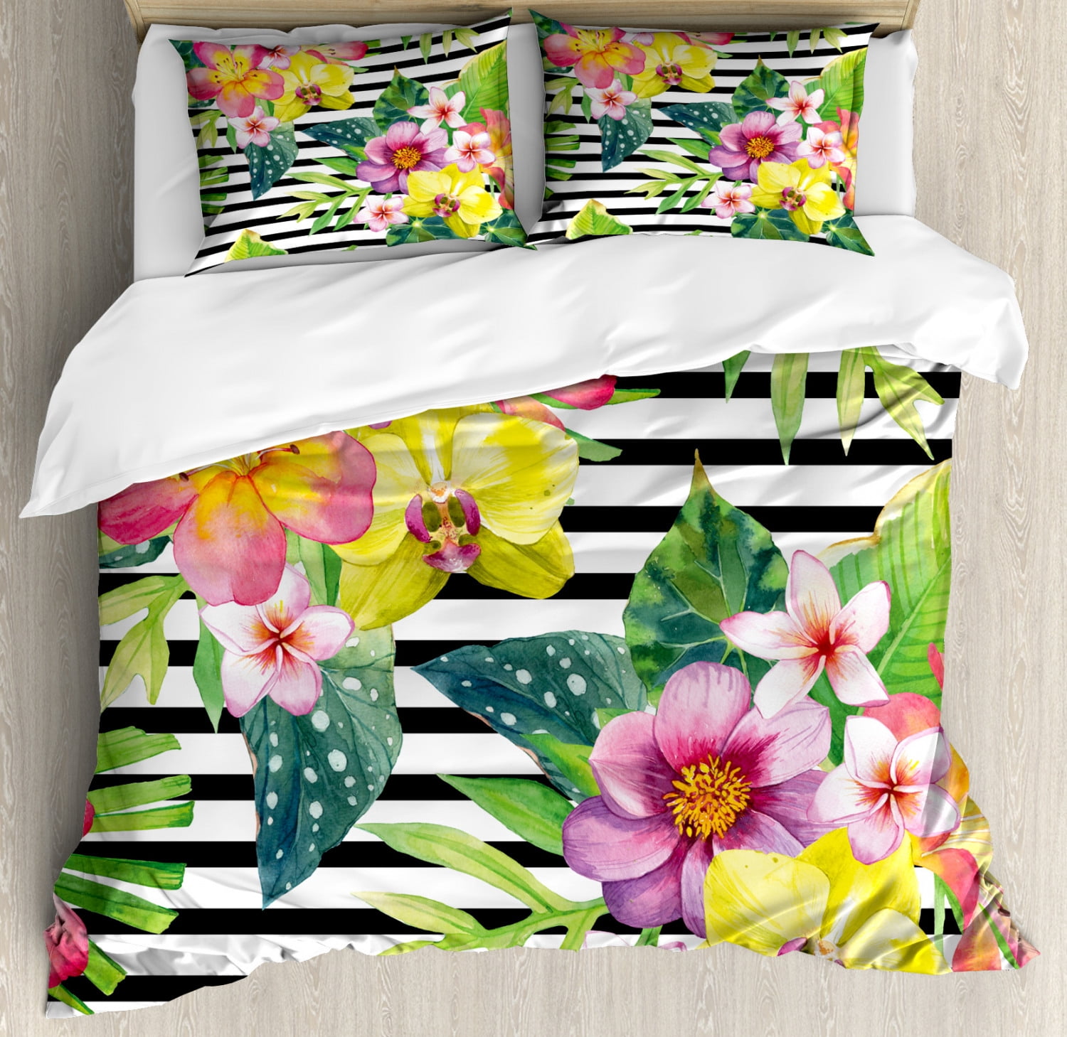 Floral Duvet Cover Set King Size, Bouquet with Lily Dahlia Palm Begonia ...