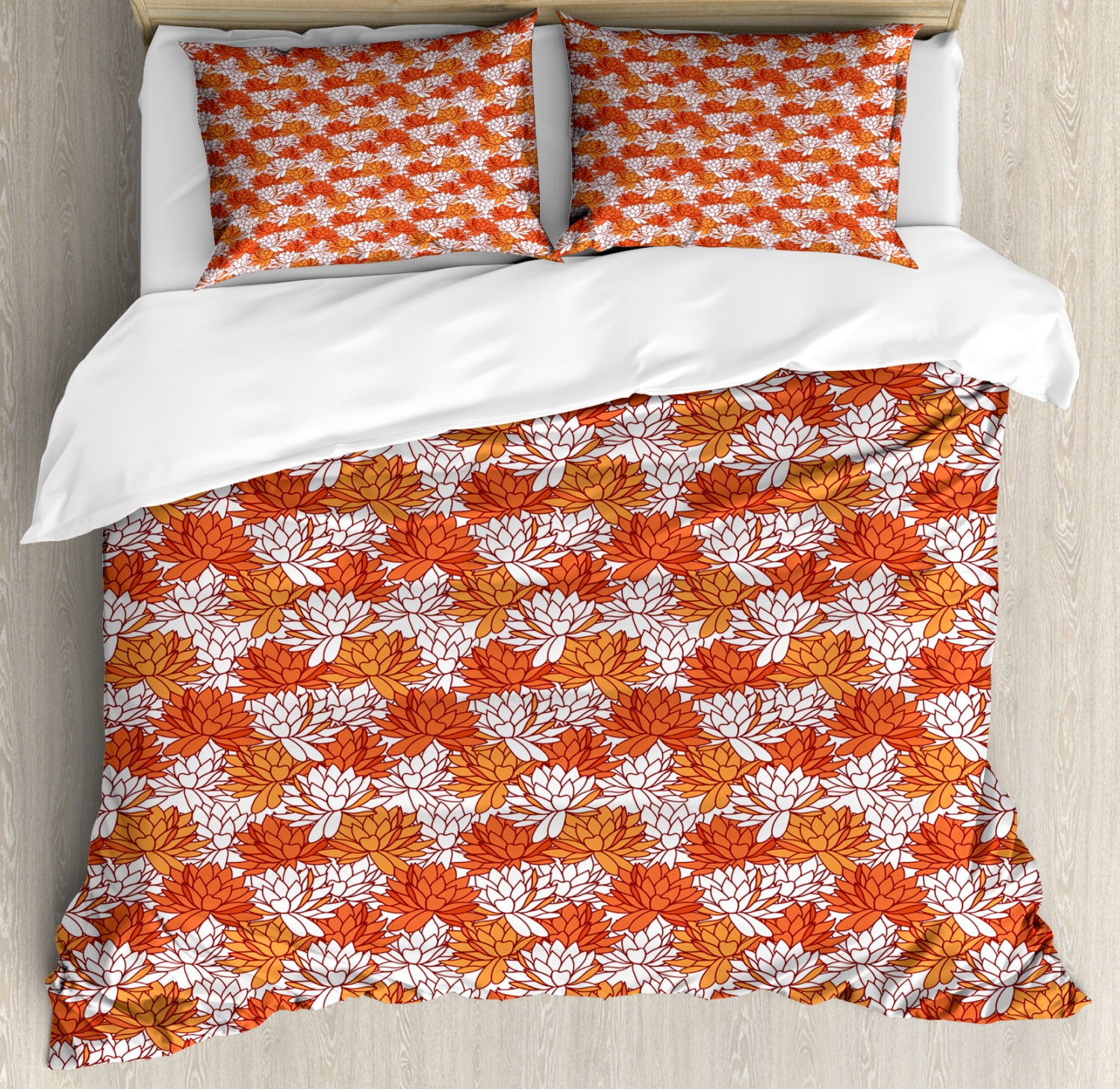 Floral Duvet Cover Set King Size, Fiery Tone Multi Layered Petal Lotus ...