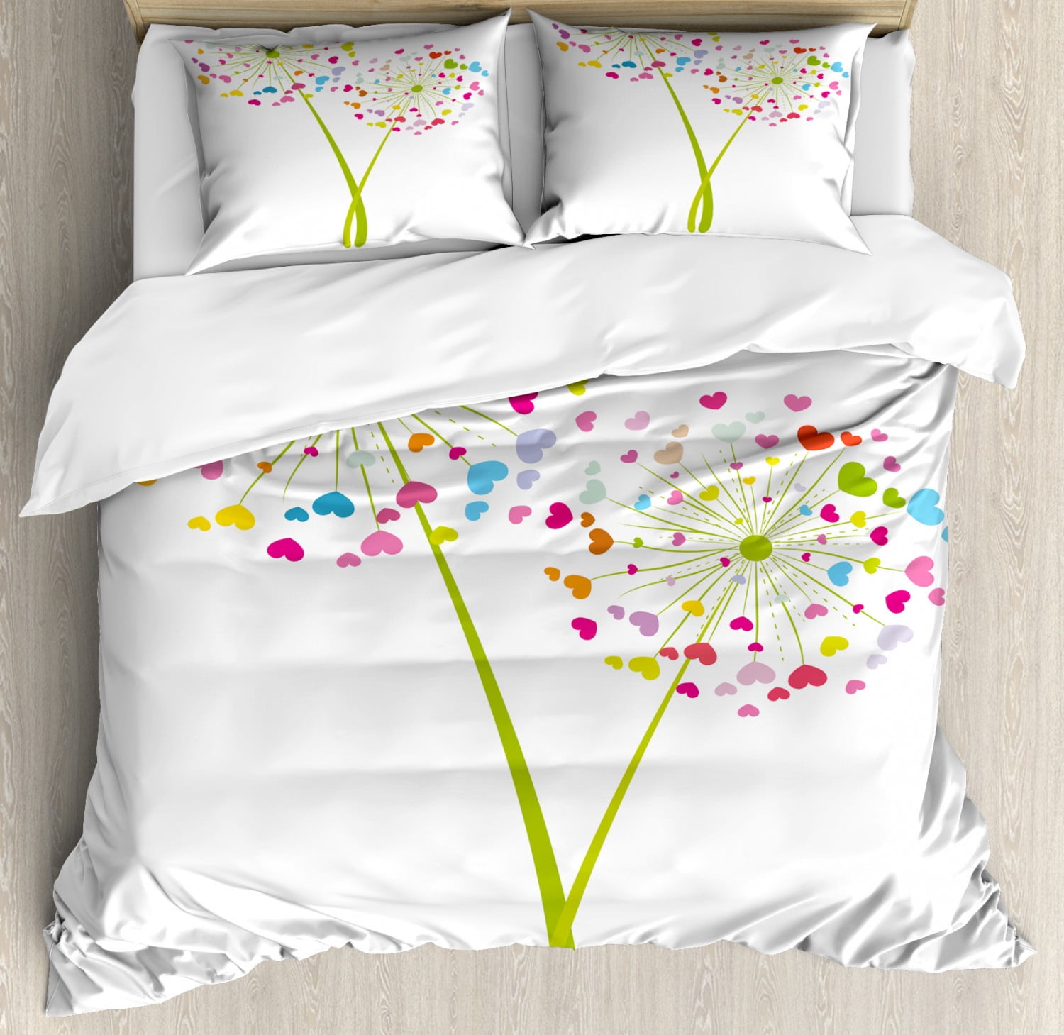 Floral Duvet Cover Set King Size, Spring Dandelion Flower with Heart ...