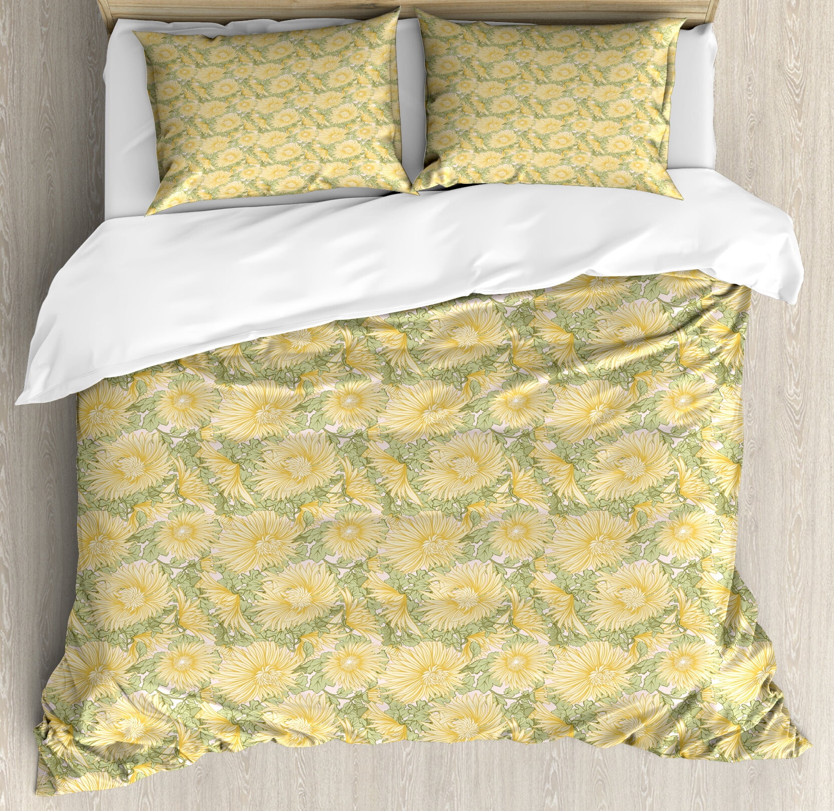 Floral Duvet Cover Set, Large Motifs of Japanese Chrysanthemum Flowers ...