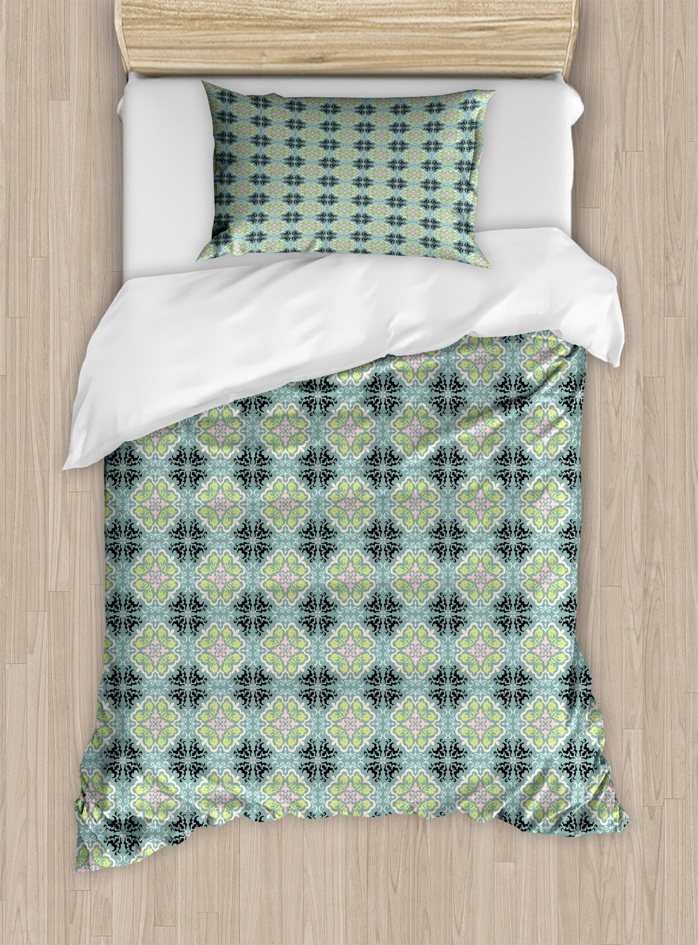Floral Duvet Cover Set, Latin Talavera Damask Mediterranean Floral ...