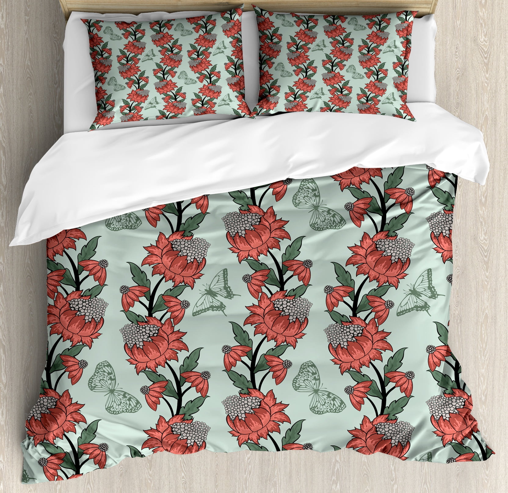Floral Duvet Cover Set, Layout of Flower and Butterfly Silhouettes ...