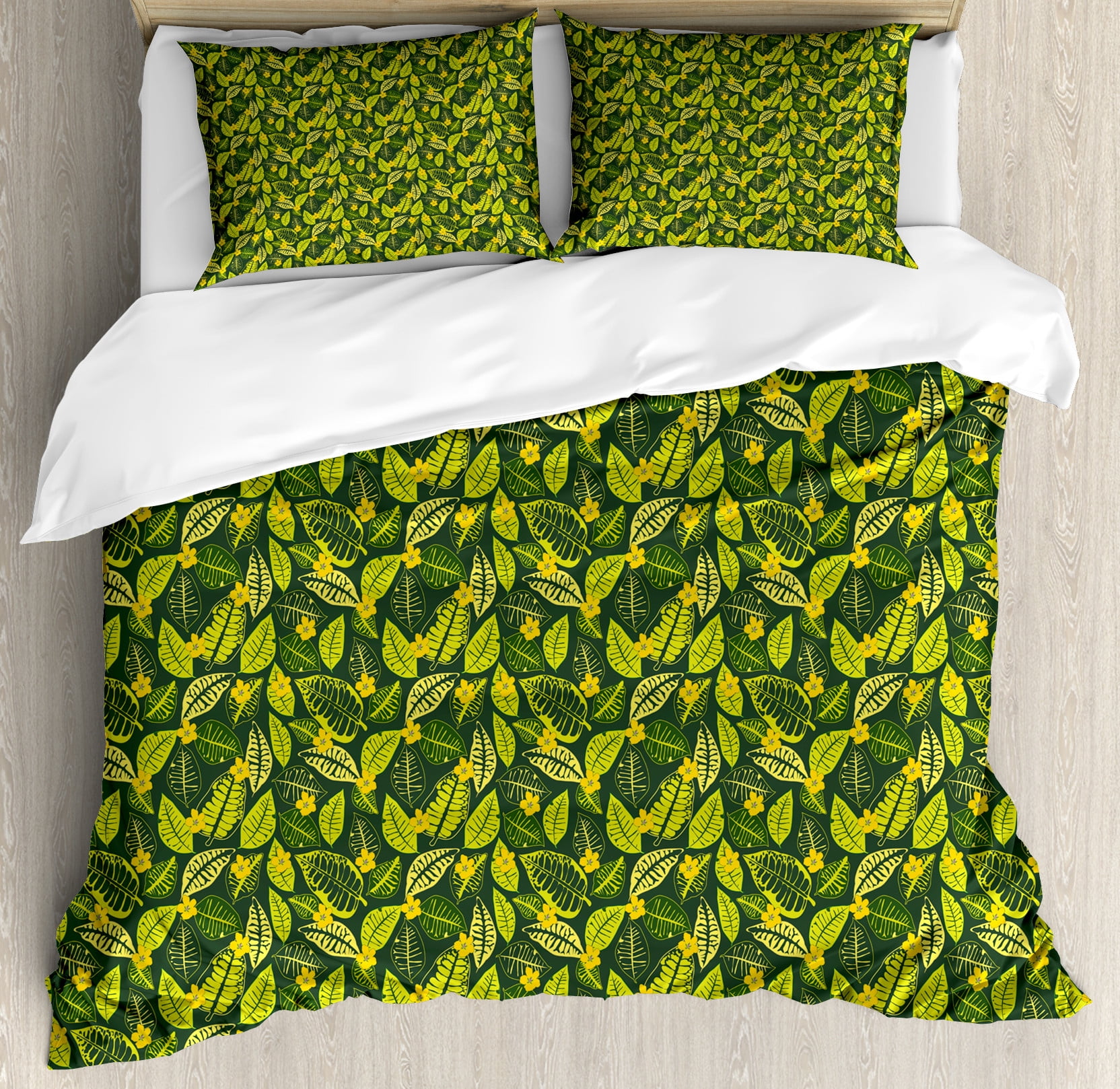 Floral Duvet Cover Set, Leaf Silhouettes and Hawaiian Flowers ...